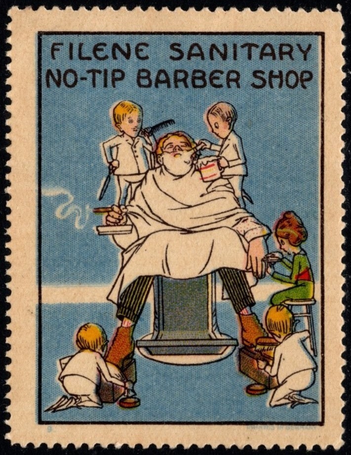 Scarce Vintage Circa 1910 US Poster Stamp Filene Sanitary No-Tip Barber ...