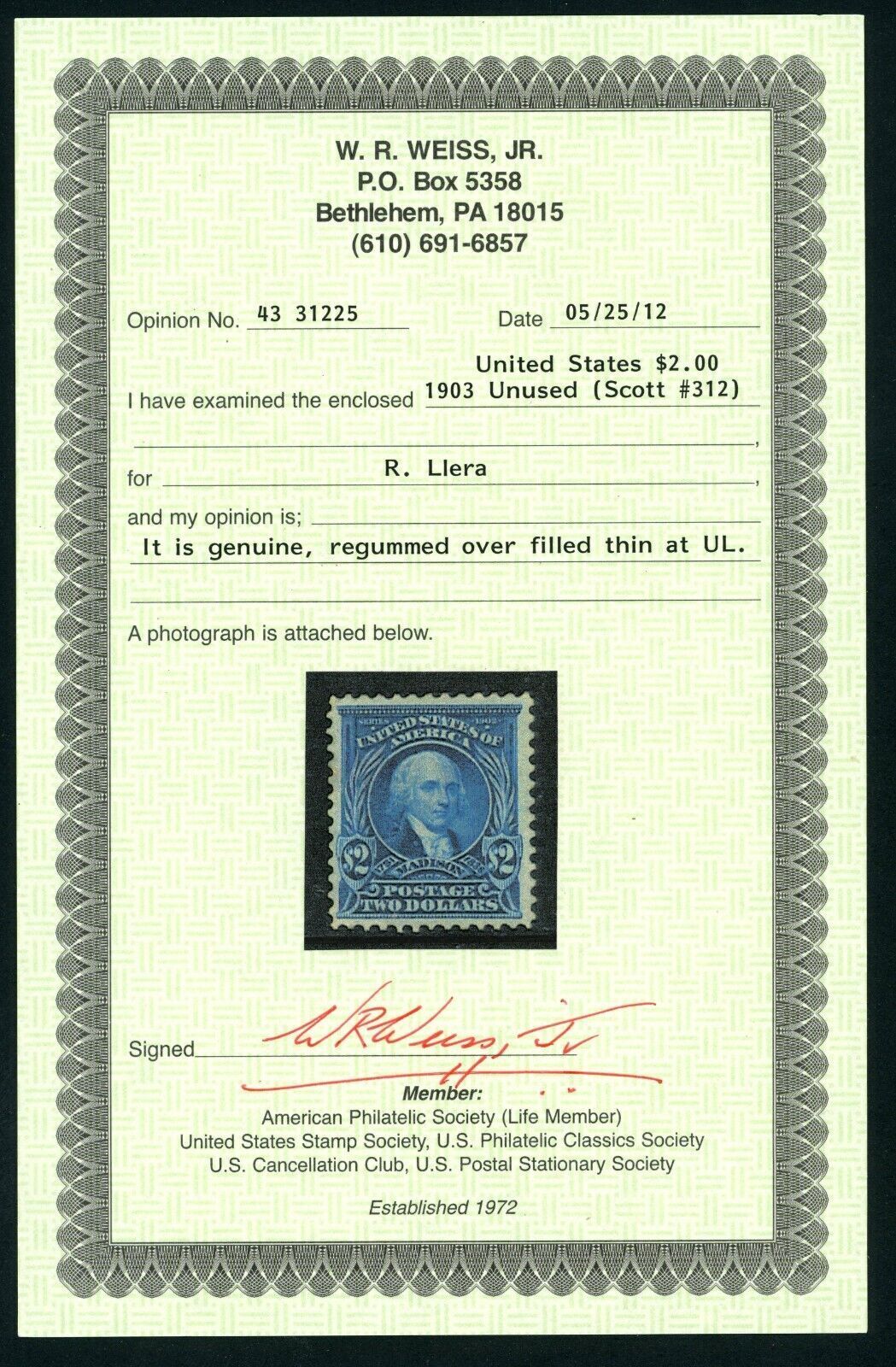 USAstamps Unused VF-XF US $2 Serie of 1902 Madison Scott 312 OG MNH ...