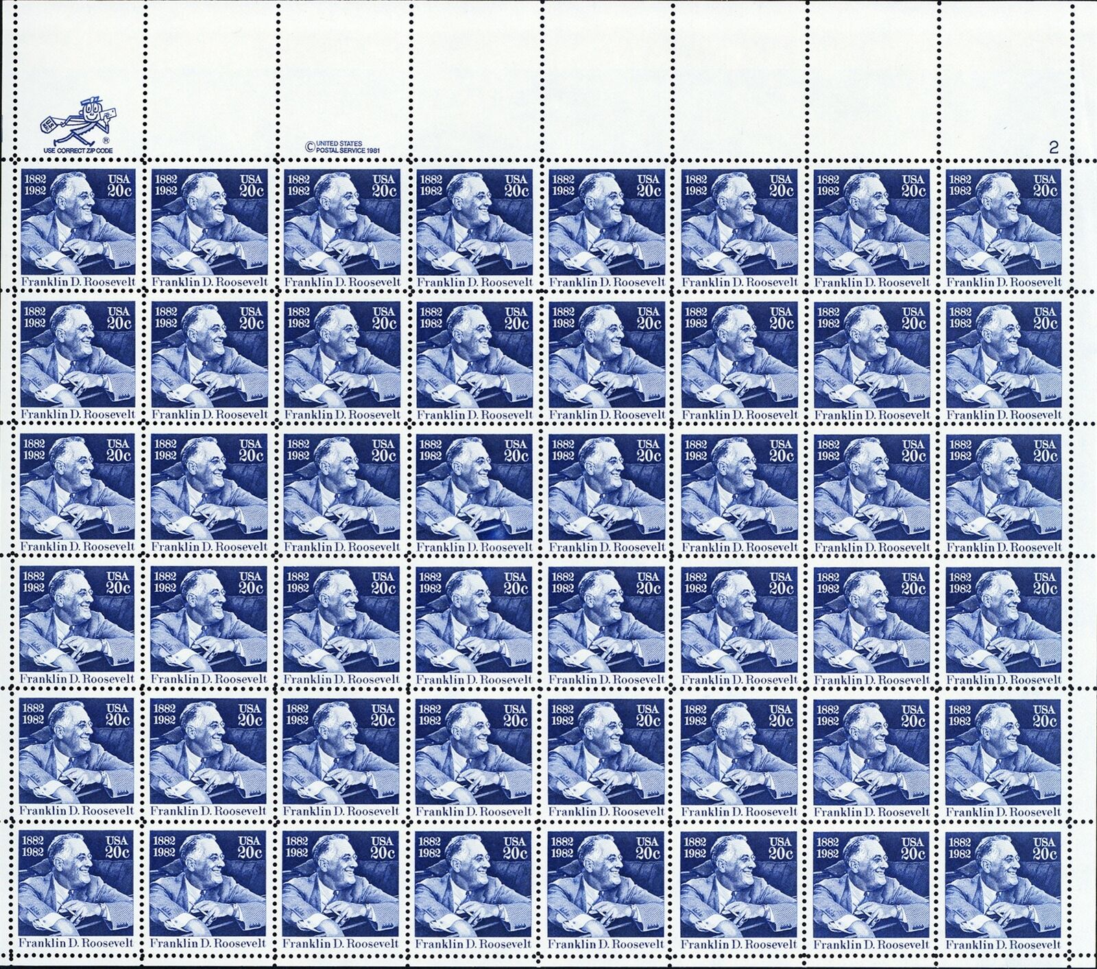 Franklin Delano Roosevelt Sheet of Forty Eight 20 Cent Postage Stamps ...