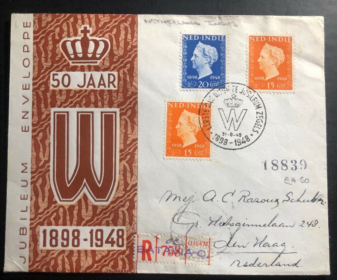 1948 Batavia Netherlands Indies First Day cover to The Hague Hollan W ...