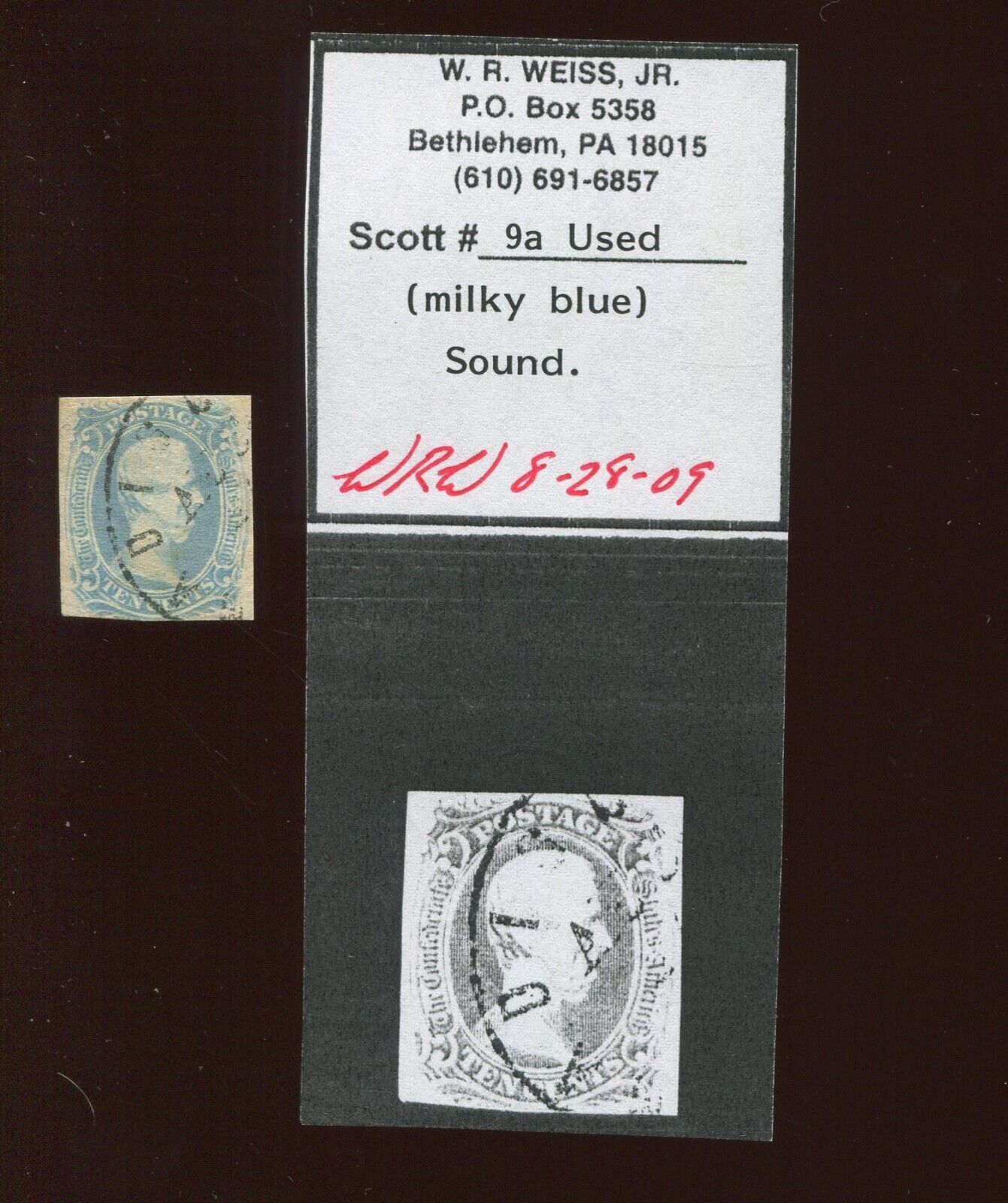 Confederate States 9a 'TEN CENTS' Milky Blue Used Stamp with Weiss Cert ...