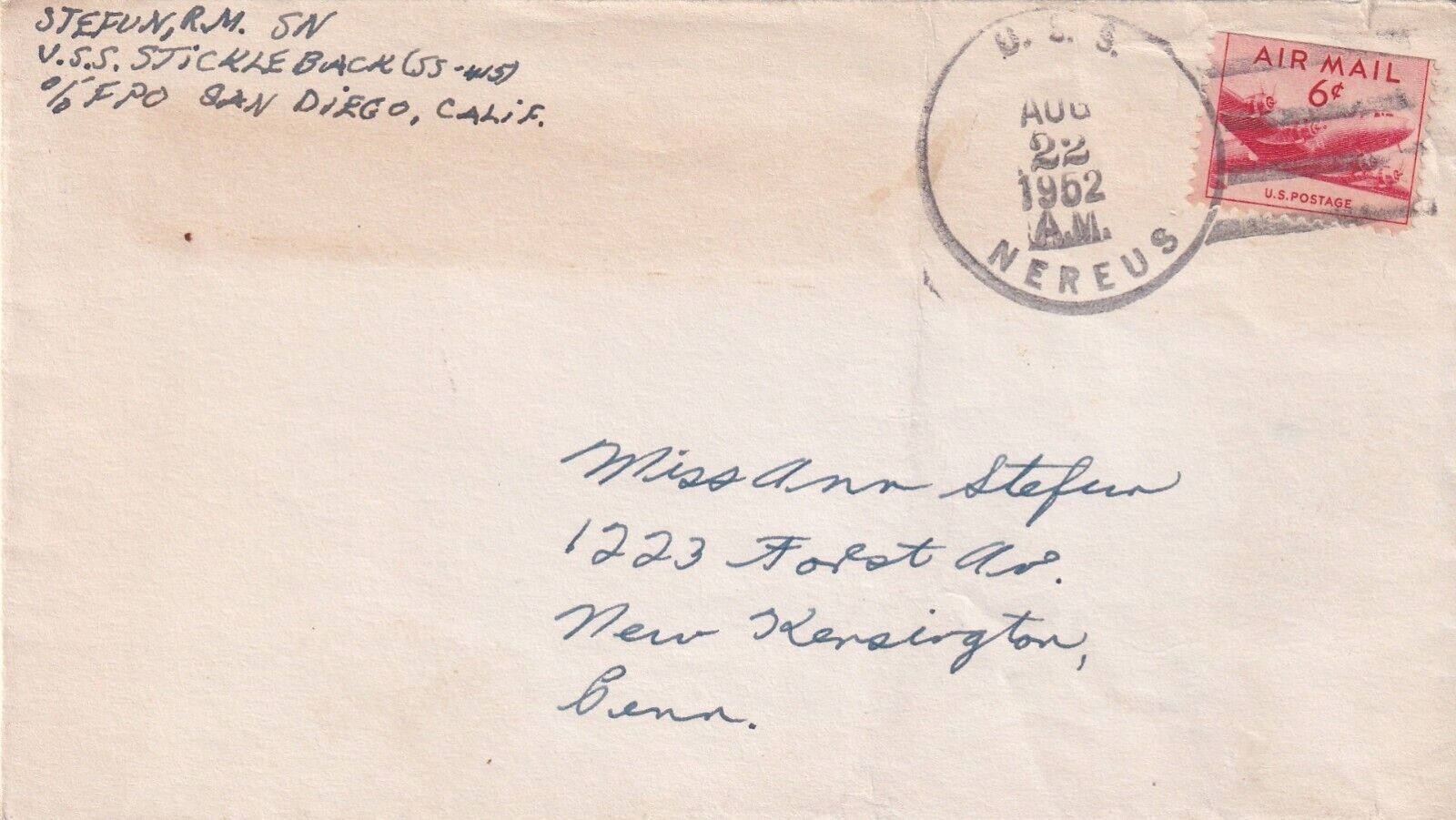 1952 USS Stickleback SS-413 to New Kensington, Ct P/M USS Nereus (N8675 ...