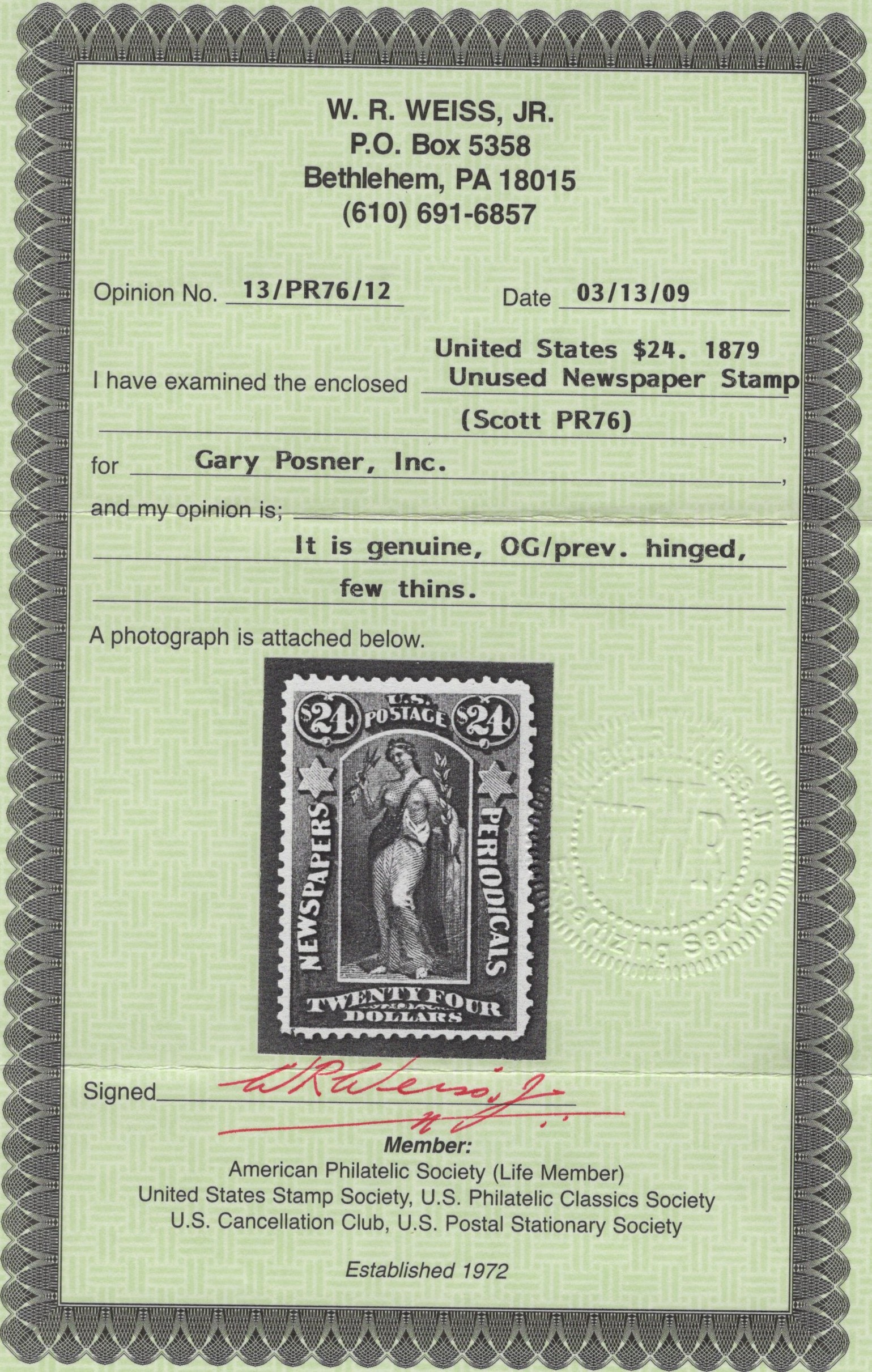 US# PR76 Dark Violet - Unused - O.G. - Certified - Cat:$800.00 / HipStamp