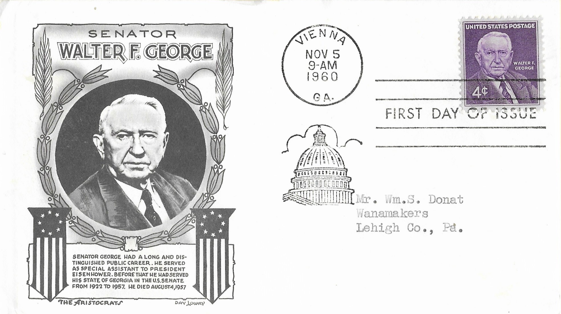 1960 FDC, #1170, 4c Walter F. George, Aristocrats | United States ...