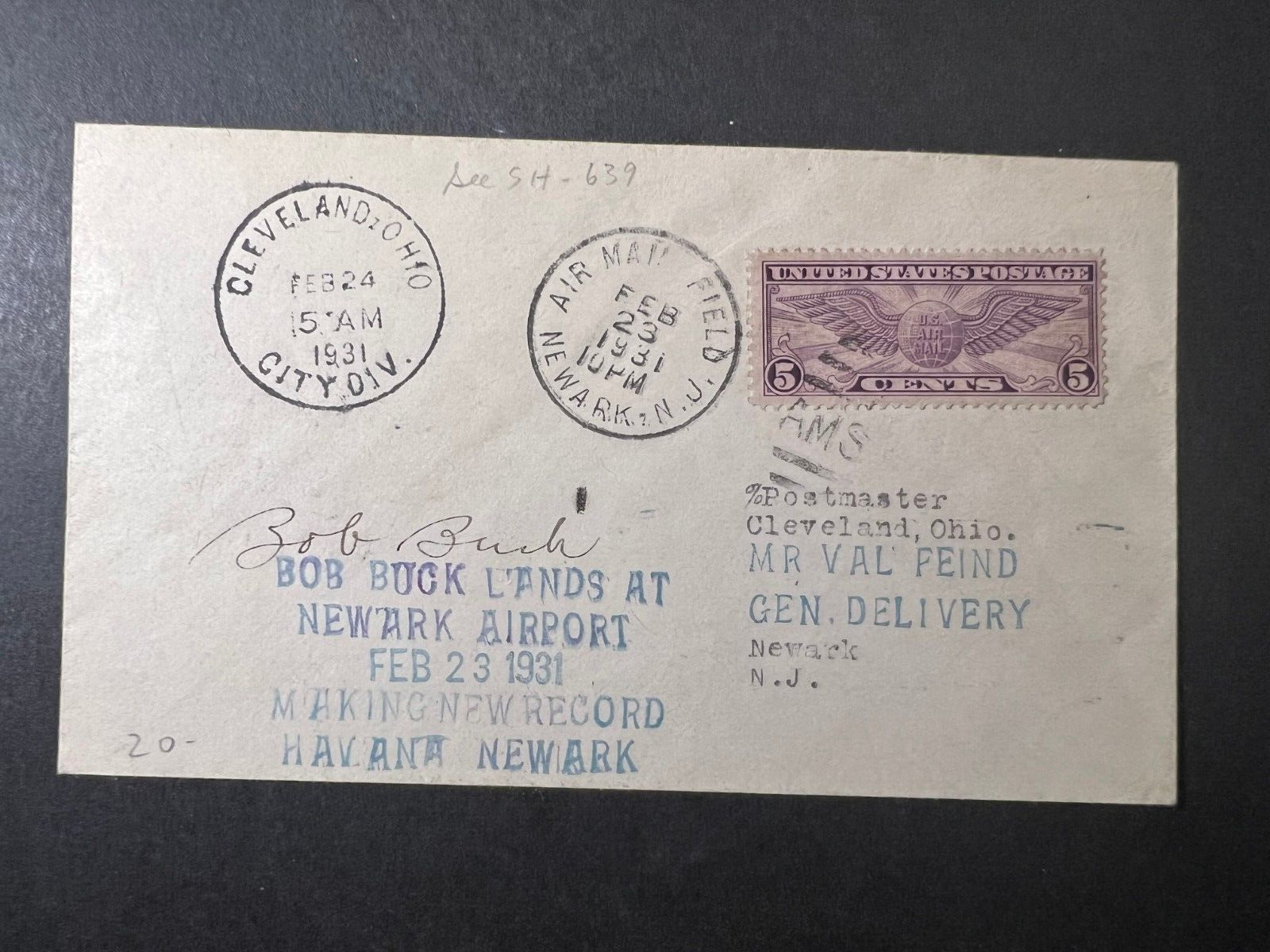 1931 USA Airmail Cover Cleveland OH to Newark NJ Bob Buck Pilot ...
