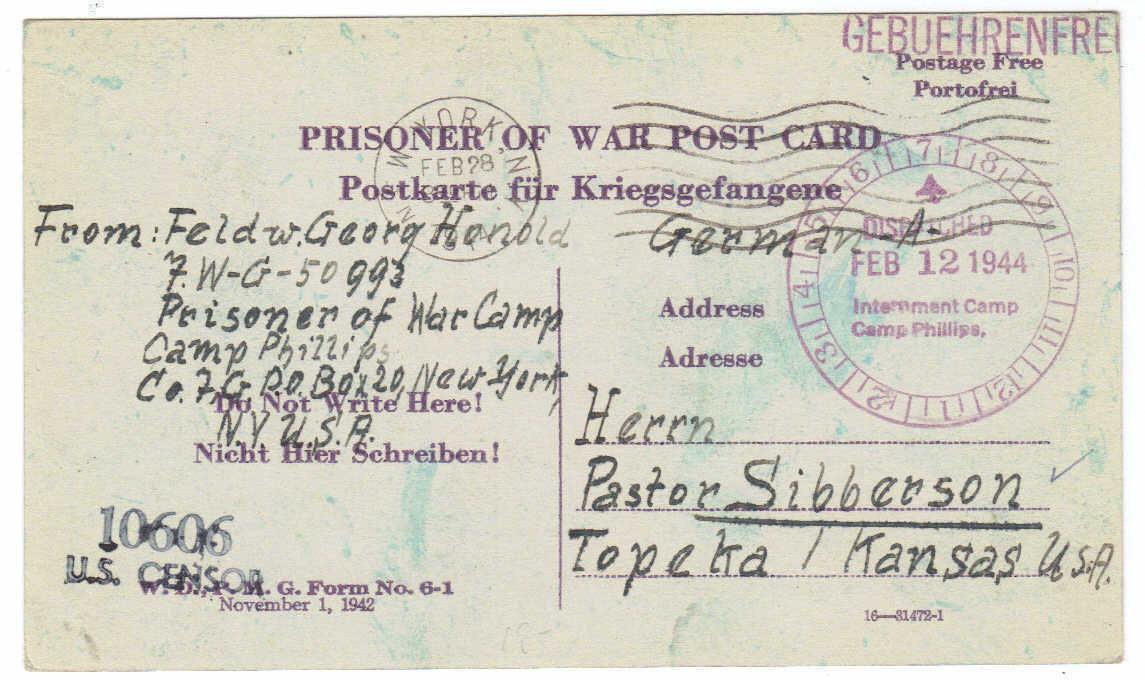 1944 Camp Phillips KS German POW Camp Postcard Cover Prisoner of war to ...