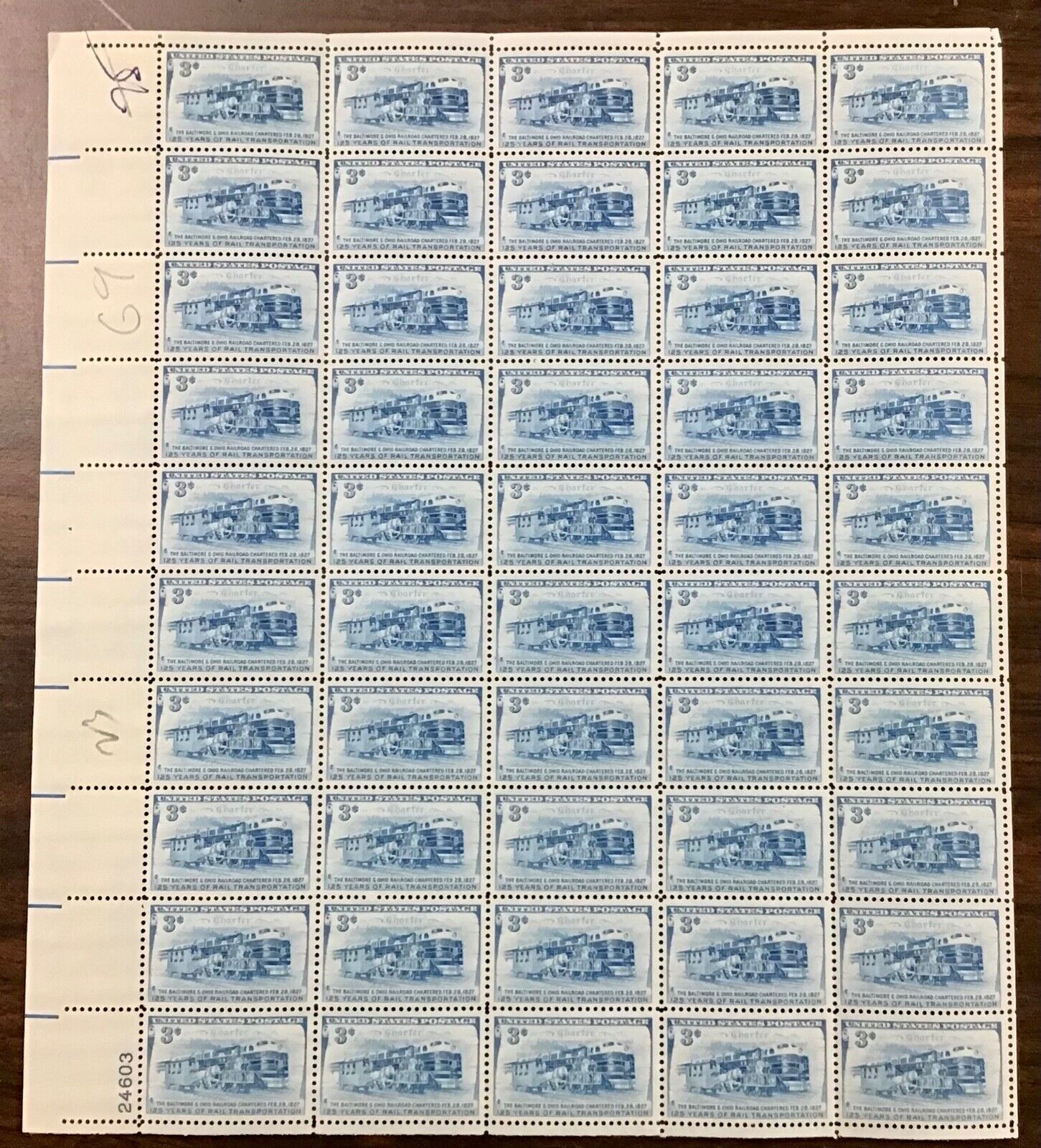 1006 B & O Railroad 125th Anniversary. MNH 3 c Sheet of 50 1952 ...