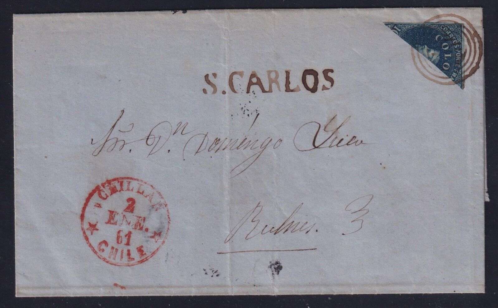 Chile 1861 10c Colon Bisect Folded Letter S. CARLOS Straight-Line to ...