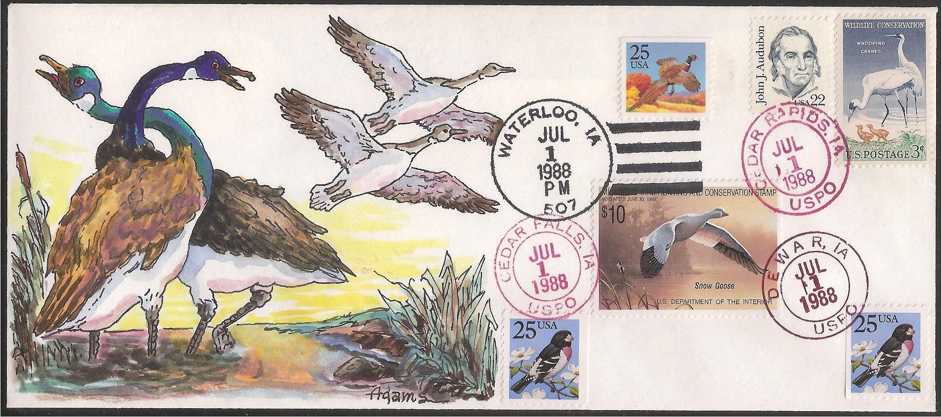 Adams Hand Painted Multi-Cancel Combo FDC for the 1988 Federal Duck ...