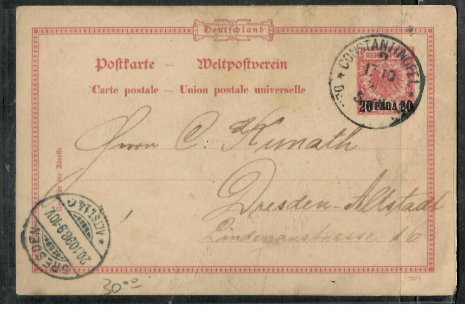 Turkey German Offices (P2005B) 1898 PSC 10pa/ Constan to Germany ...