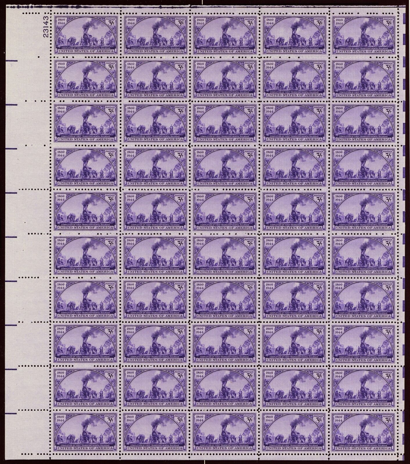 1st Transcontinental Railroad Sheet of Fifty 3 Cent Postage Stamps ...