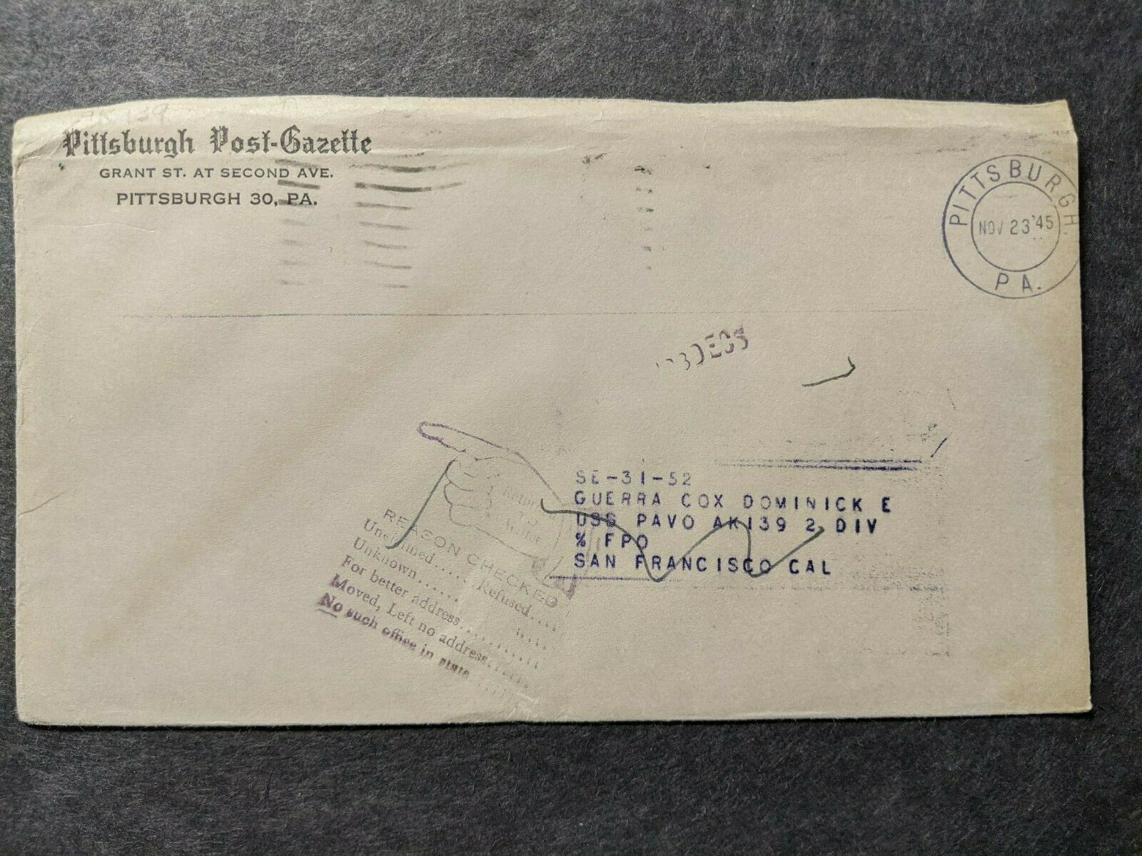 USS PAVO AK-139 Naval Cover 1945 Return to Sender | United States ...
