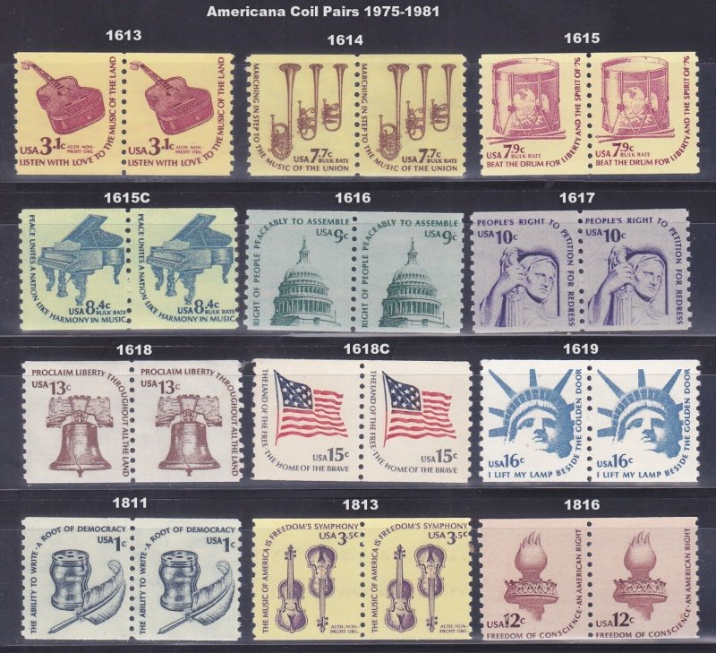 US 1613//1816 MNH 1975-1981 Americana Coil Pairs Full Set Very Fine ...