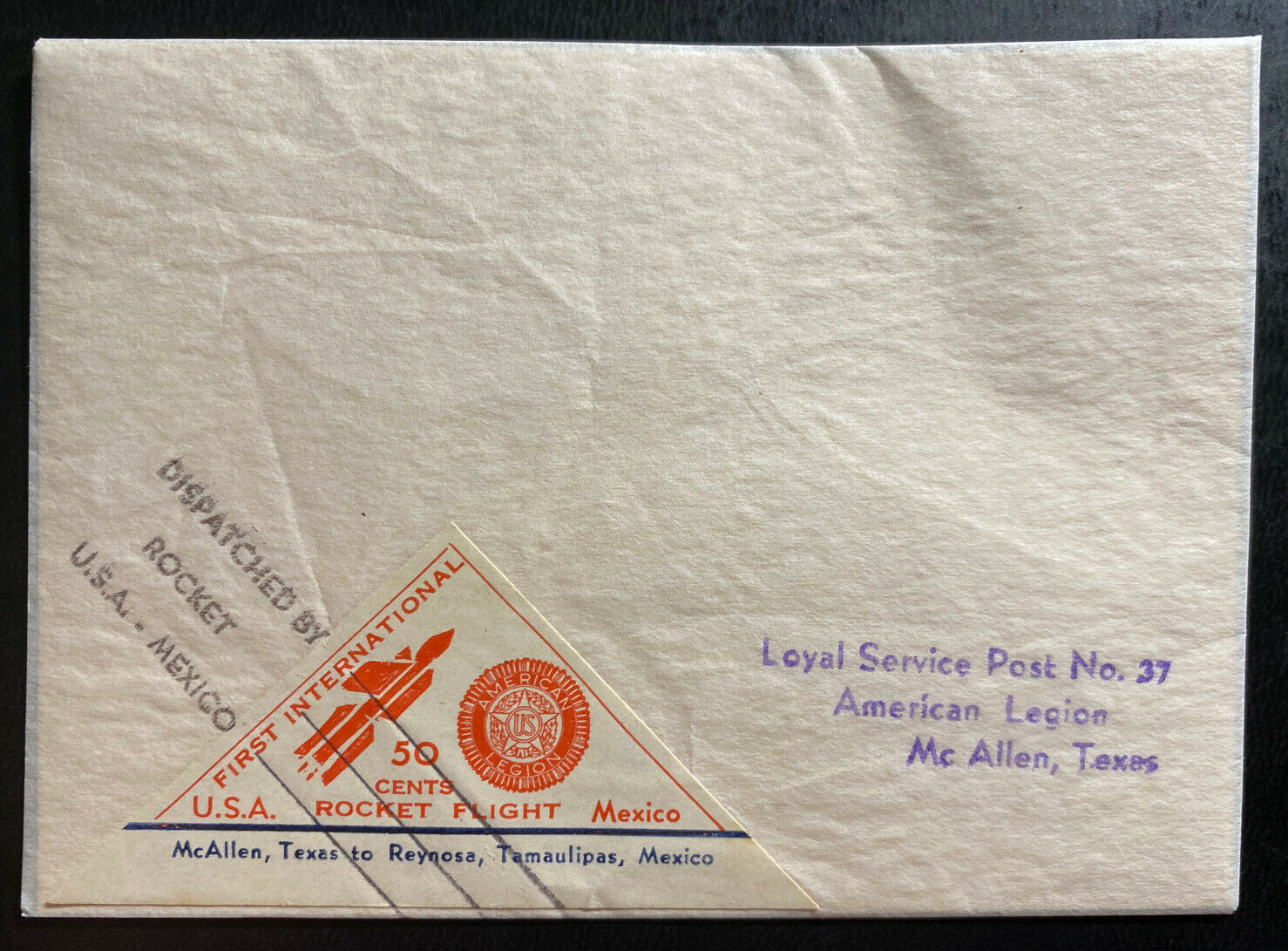 1936 McAllen TX Usa Rocket Mail Proof cover Unflown Trial Cancel / HipStamp