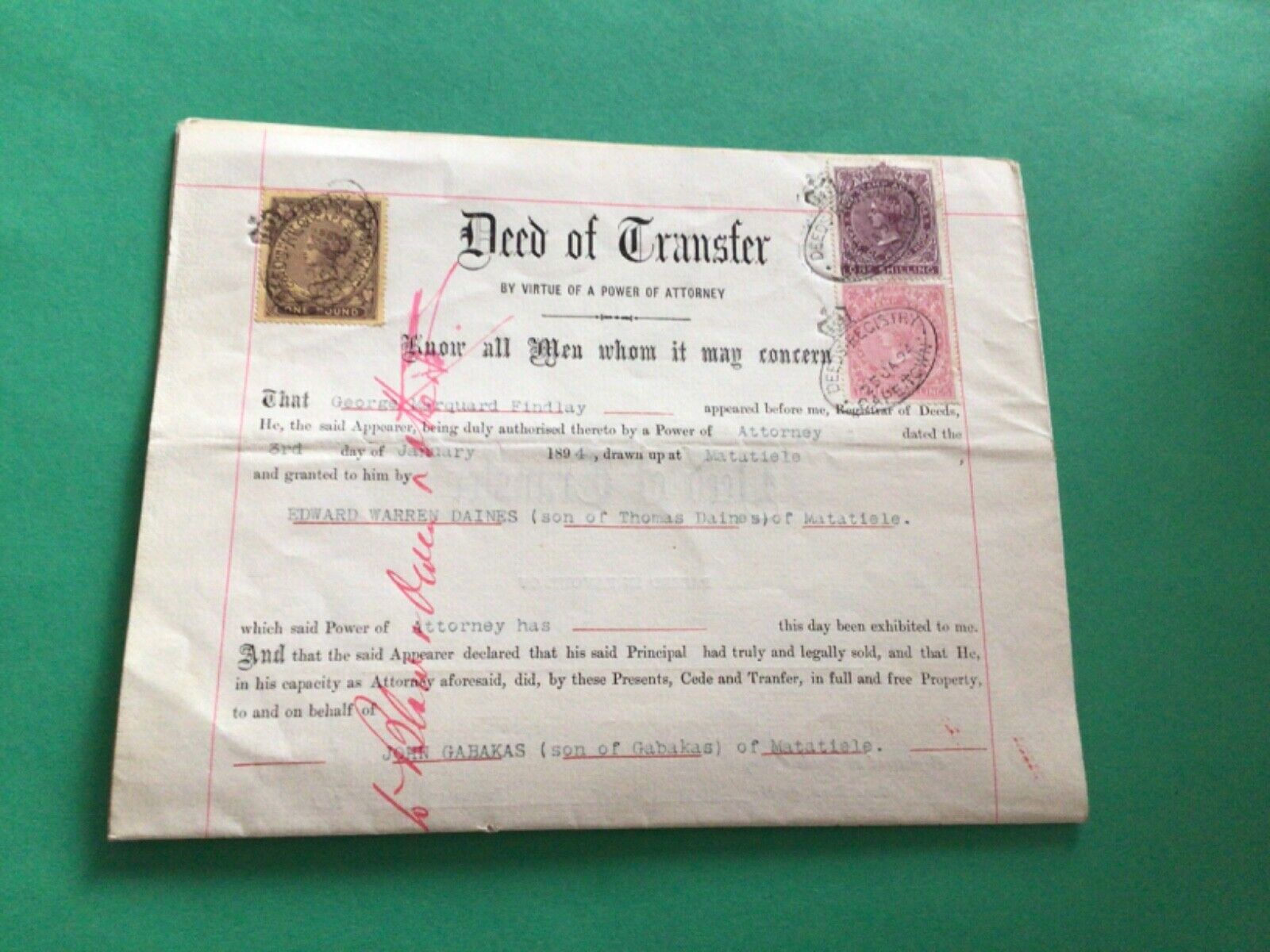 Cape of Good Hope 1894 Deed of transfer with revenue stamps A17060 ...