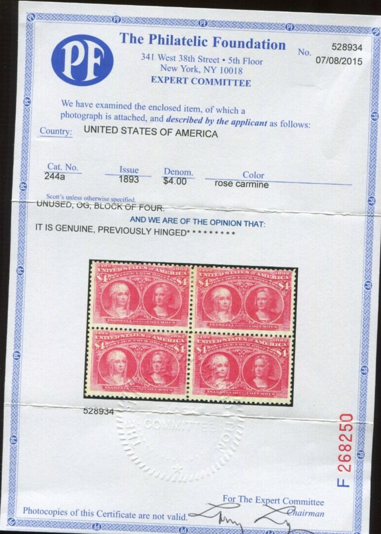 244 Columbian Mint High Value Block of 4 Stamps with PF Cert HZ6 ...
