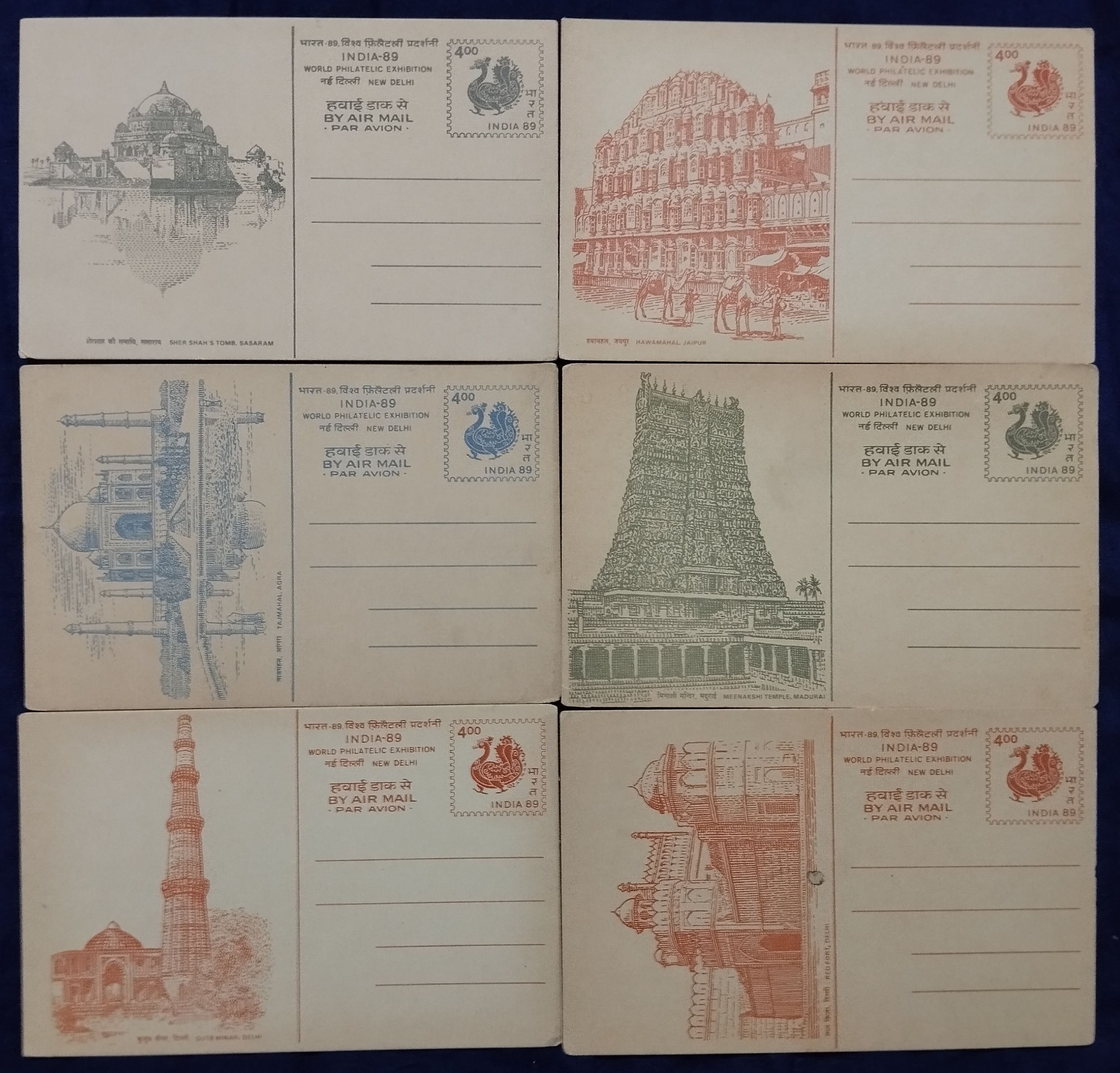 India 1989 6 Diff. India-89 Taj Mahal Hawa Mahal Red Fort Air Mail Post ...