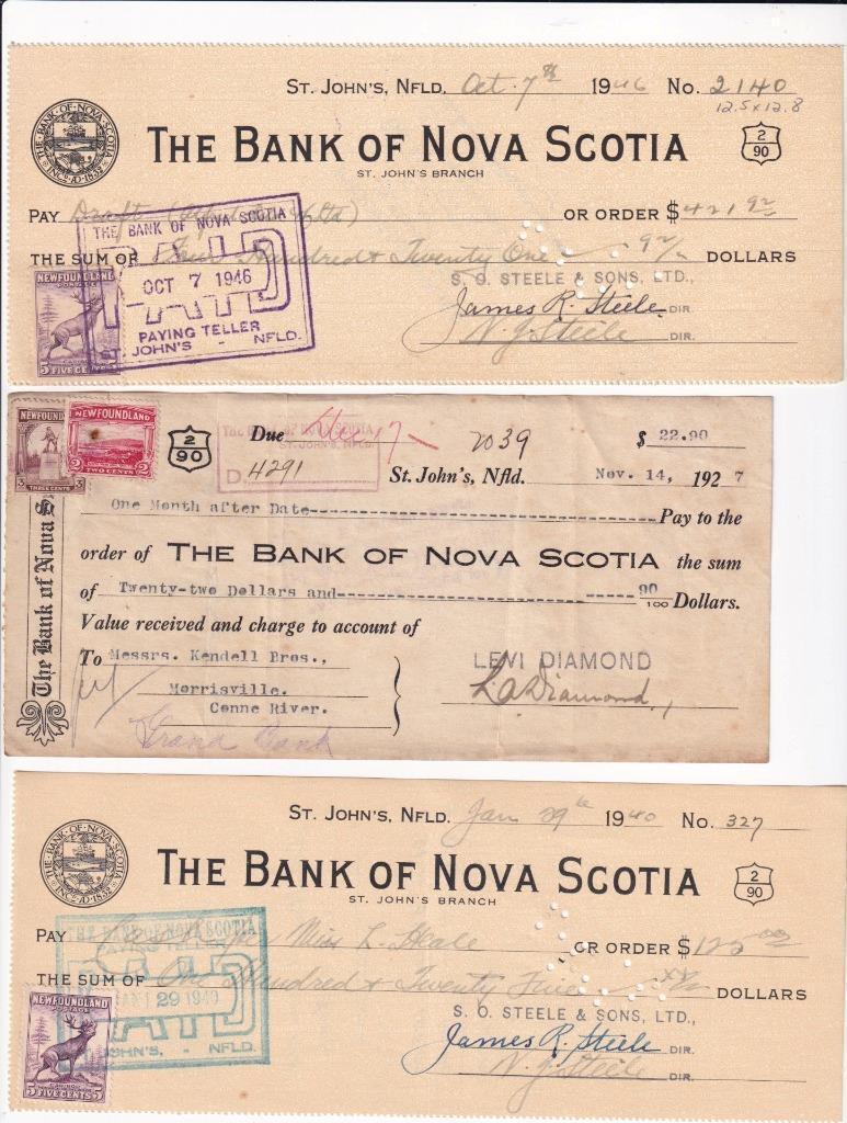 Newfoundland 24 Cheques With Stamps Plus a Document With BOB Issues ...