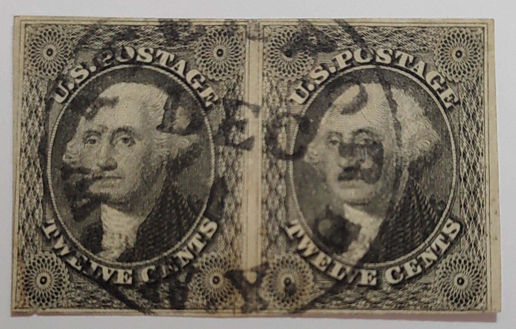 Scott Stamp# 17 - 1851 12¢ Washington Imperforate Black Pair. Used. SCV ...
