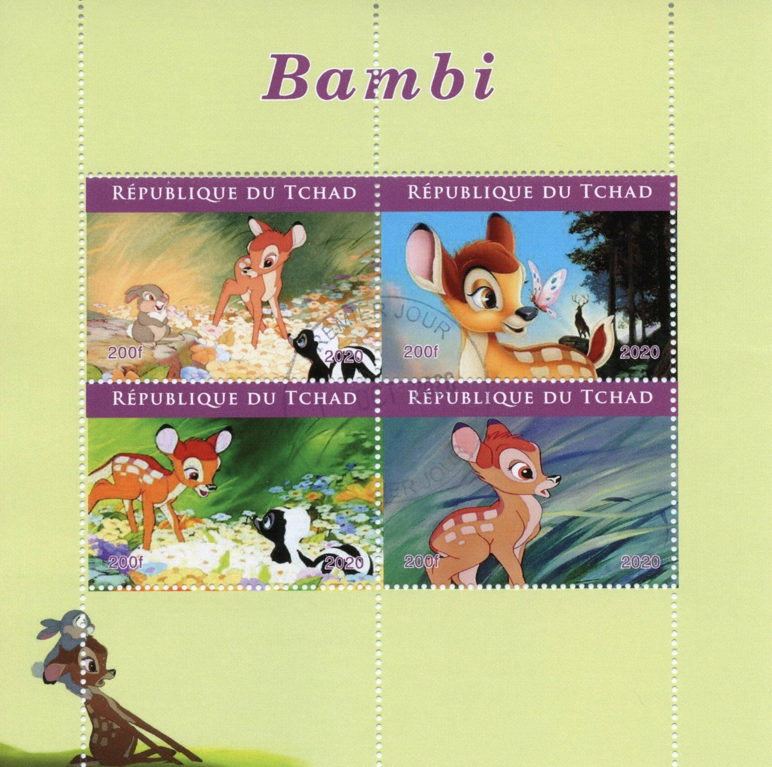 Chad Disney Stamps 2020 CTO Bambi Thumper Cartoons Animation 4v M/S ...