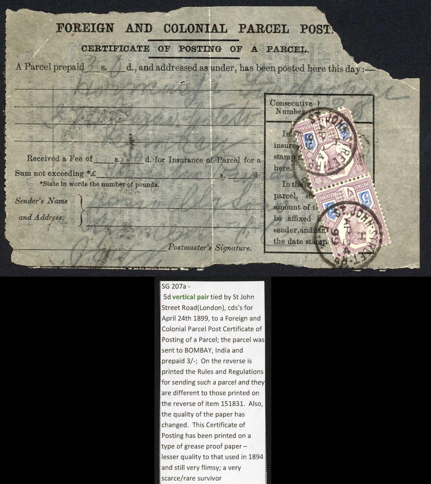 SG207a 5d Jubilee on FOREIGN AND COLONIAL PARCEL POST Certificate of ...