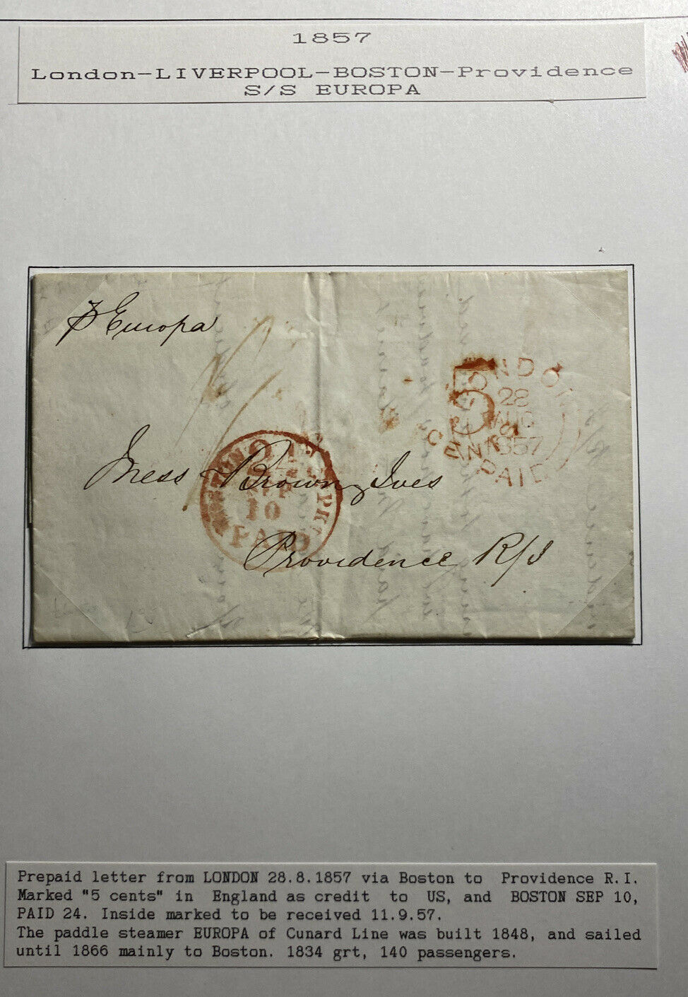 1857 London England Letter Sheet Cover To Boston MA USA Via SS Europa ...