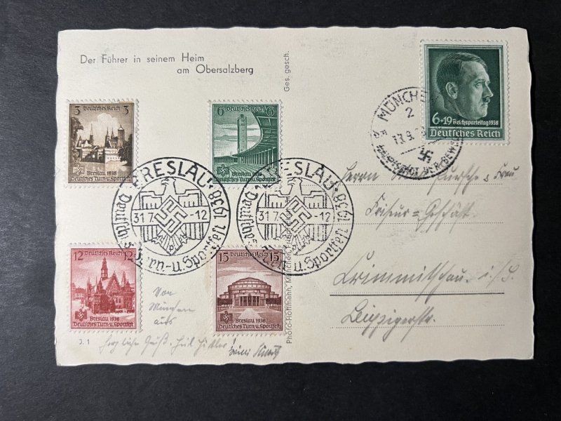 1938 Nazi Germany Postcard Breslau to Munich Adolf Hitler The Fuhrer ...