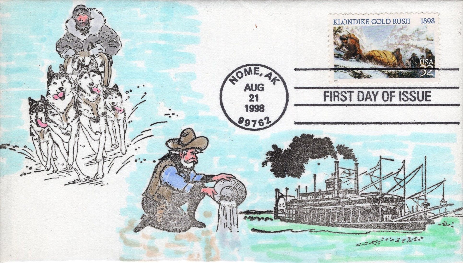 Ronald King Hand Painted FDC for the 1998 32c Klondike Gold Rush Stamp ...