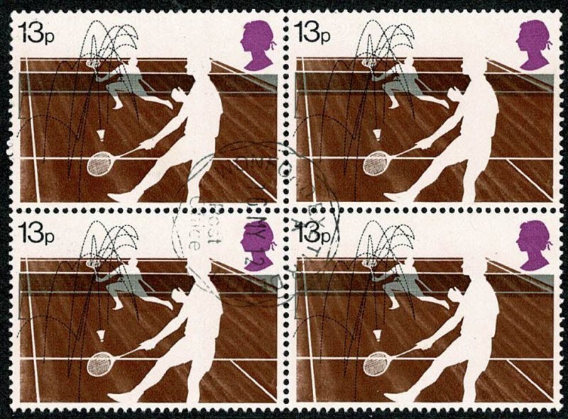 GB 1977 Racket Sports 13p . Very Fine used block of four. SG 1025 ...