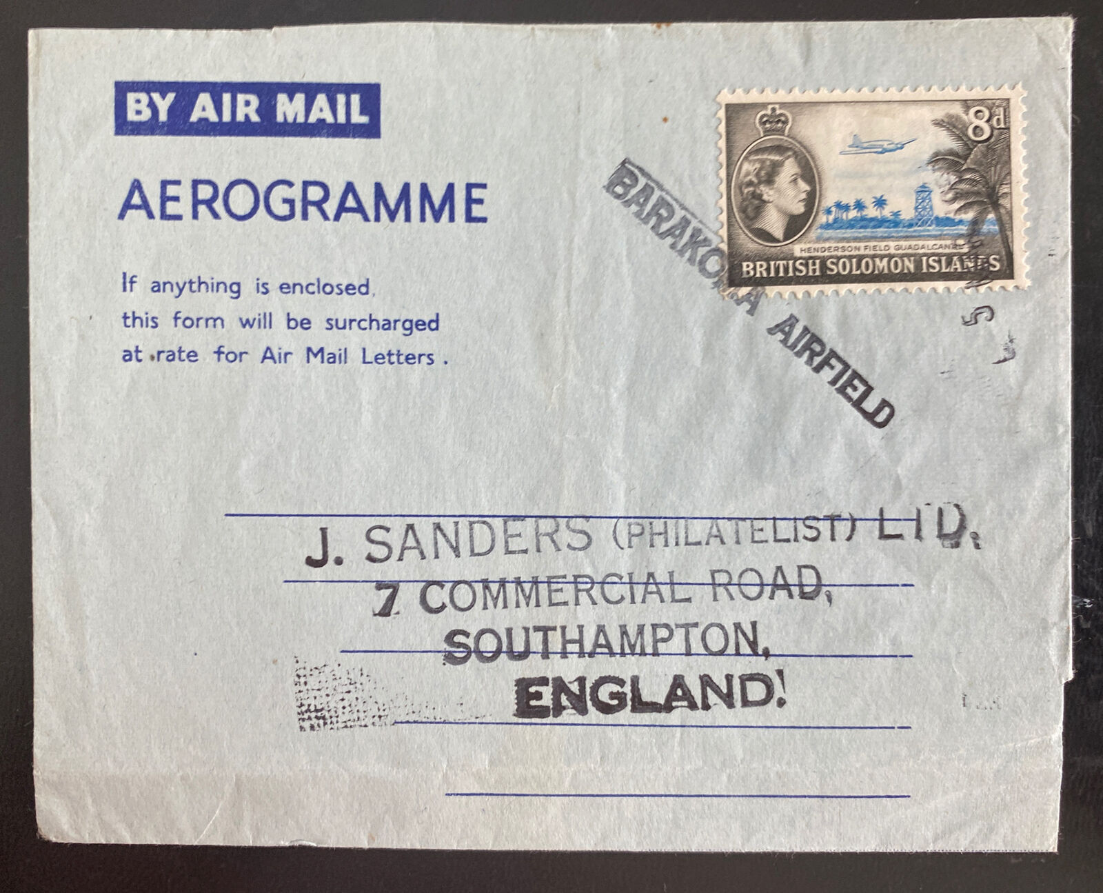 1950s Barakoma Airfield British Solomon Islands Aerogramme Cover To ...