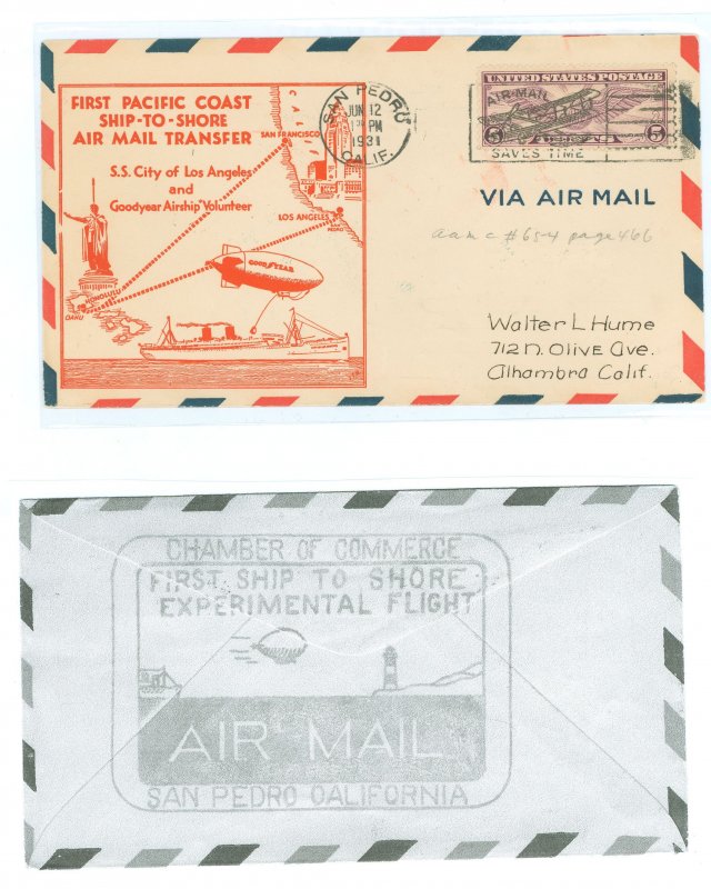 US C16 1931 First flight Pacific Coast/ship to shore/from the SS city ...