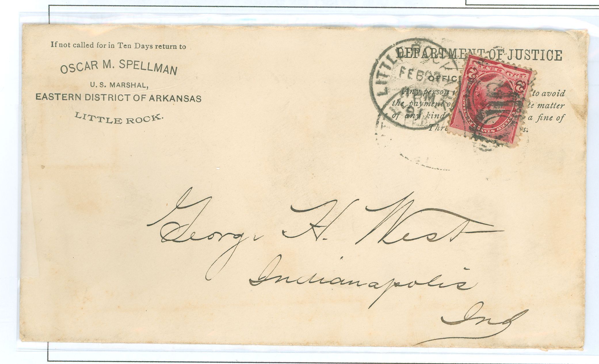 US 220 Little Rock Arkansas 23 Feb 1891 US Marshall corner card ...