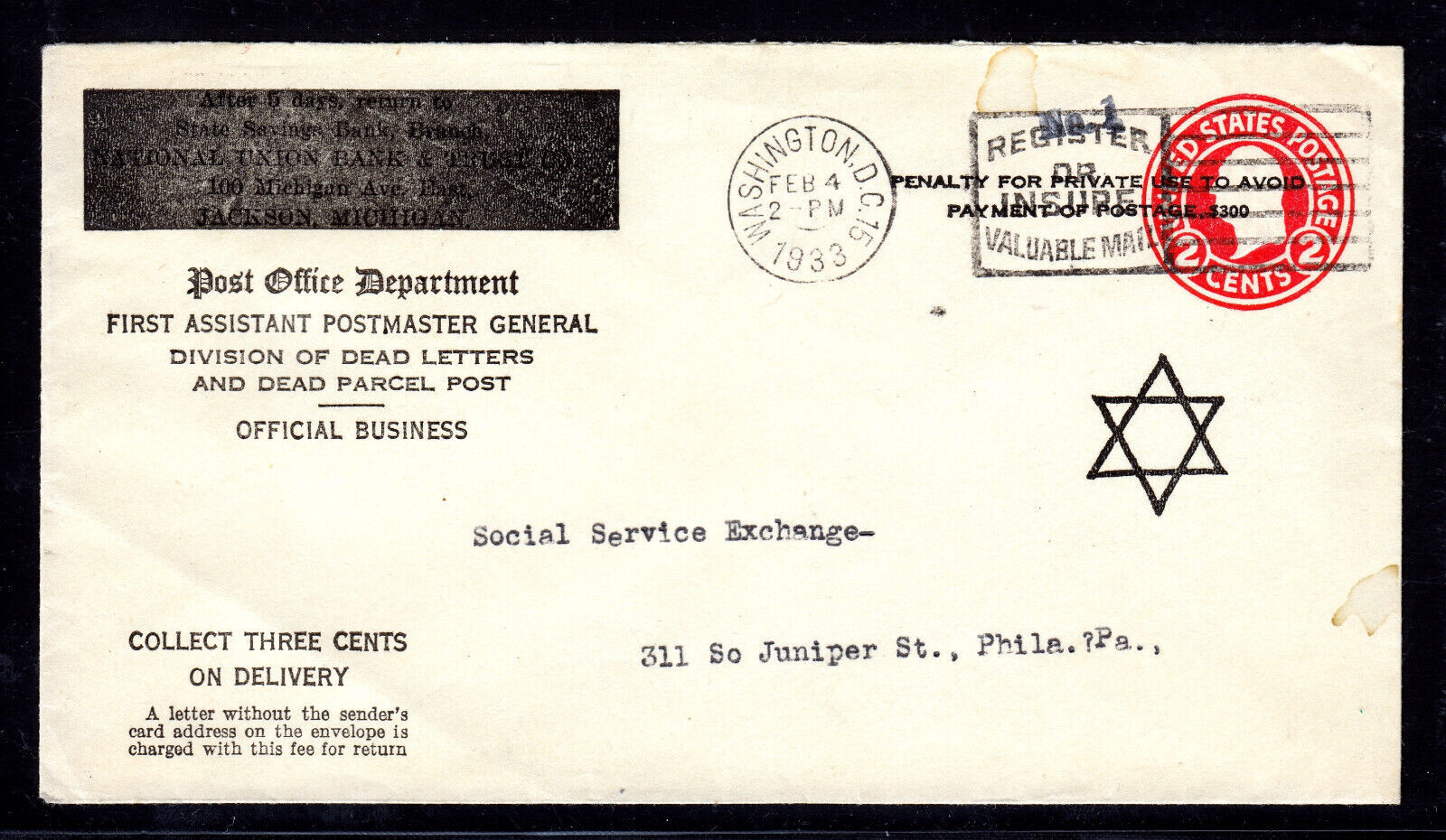 USA — 1933 Dead Letter Office Official Penalty Stamped Cover W/Star of ...