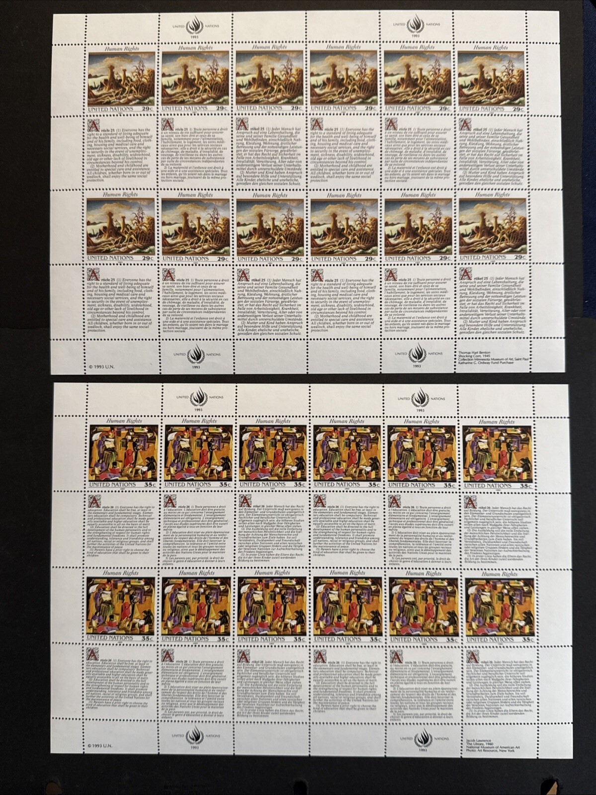 1993 United Nations UN NY Human Rights Sc# 627-8 MNH Full Panes Sheets ...