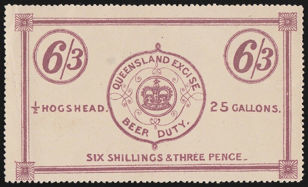 QUEENSLAND Beer Duty 1902 Beer in Kegs 6/3 ½ Hogshead, cat $1750 ...