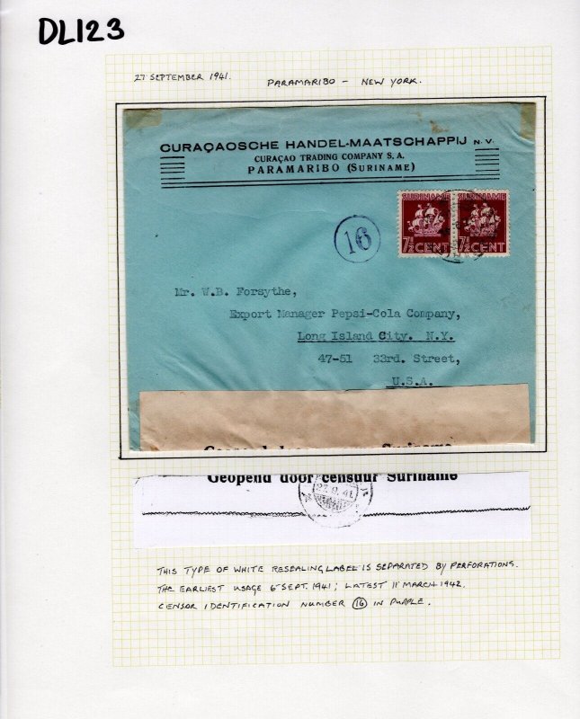 Dutch Cols Suriname WW2 Cover *Perforated Censor Label/Tape* 1941 USA ...