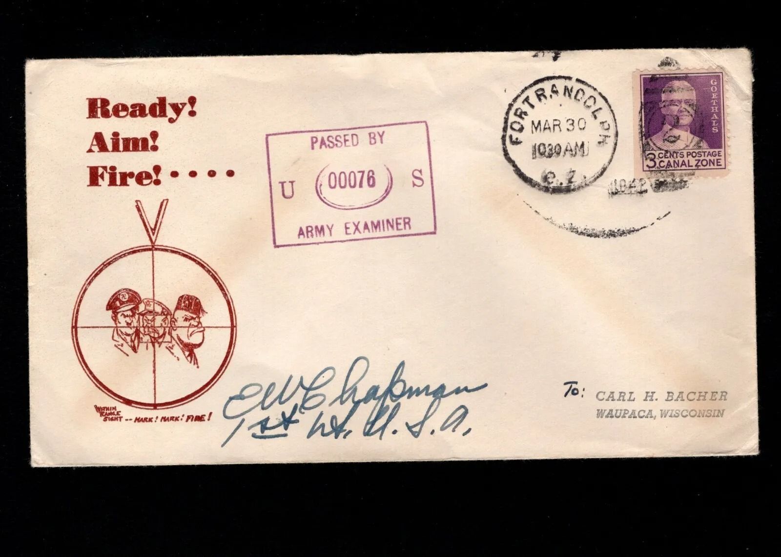 WWII Patriotic Hitler Tojo Mussolini Fire Censor Fort Randolph Canal ...