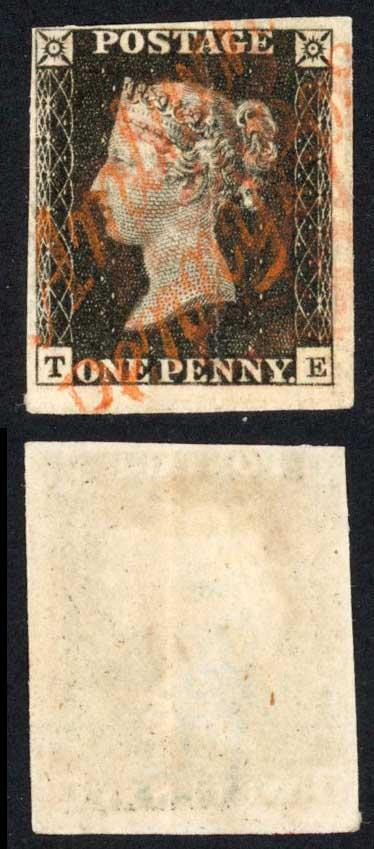 Penny Black (TE) Plate 1b (vertical crease) 4 Margin Amlwch Penny Post ...