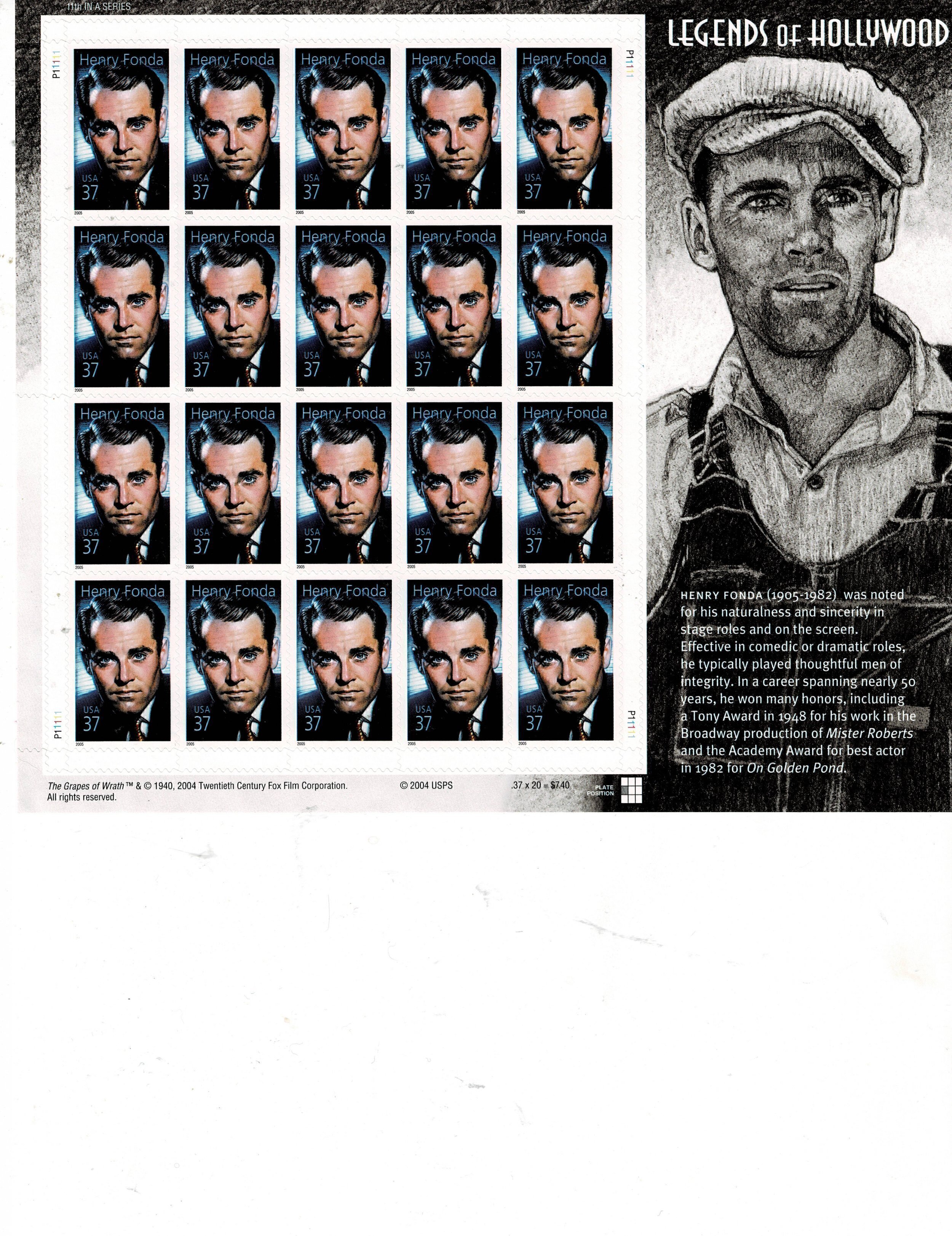 Henry Fonda Hollywood 37c US Postage Sheet #3911 VF MNH | United States ...