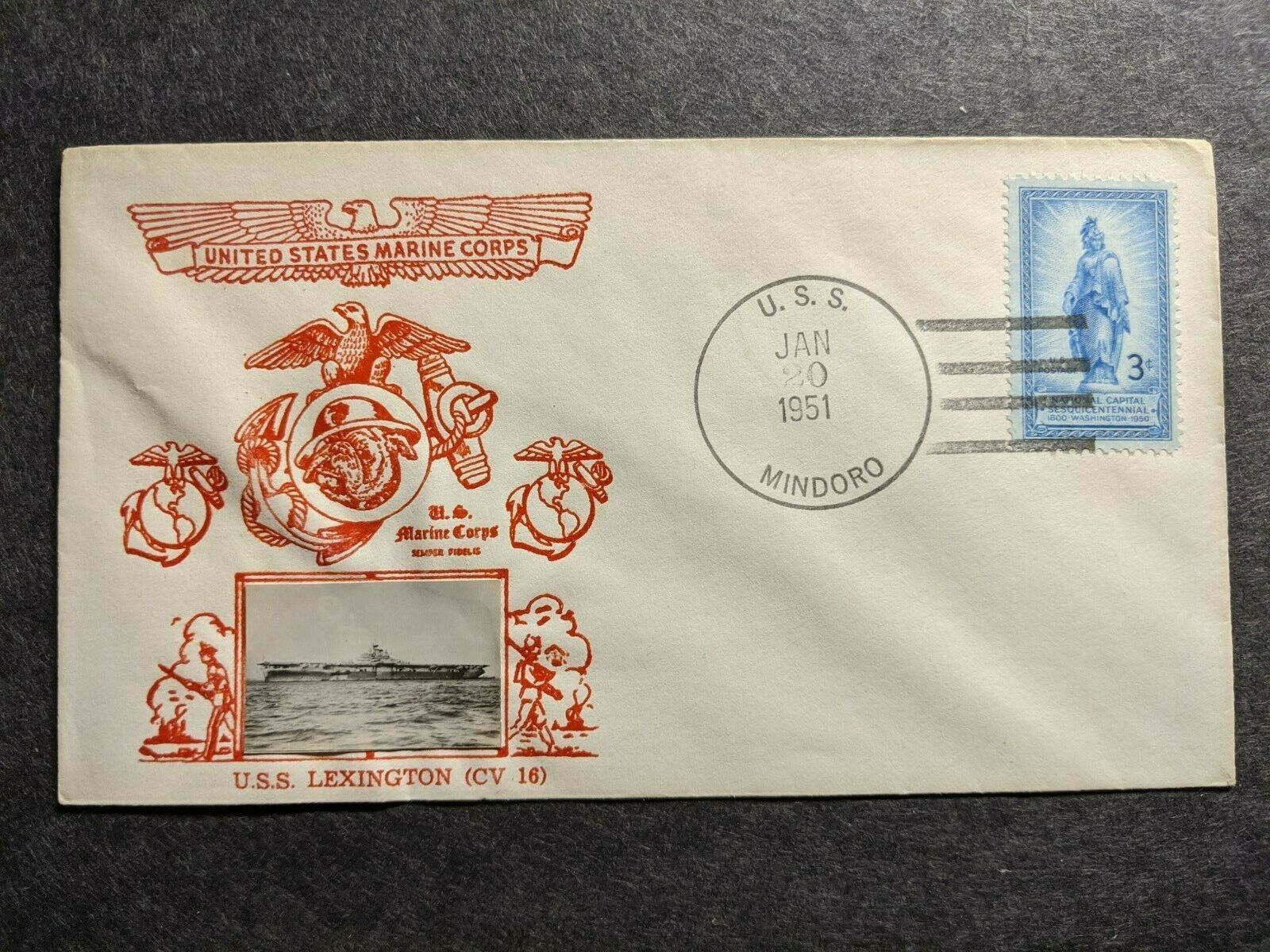USS LEXINGTON CV-16 Naval Cover 1951 USMC PHOTO Cachet USS MINDORO ...