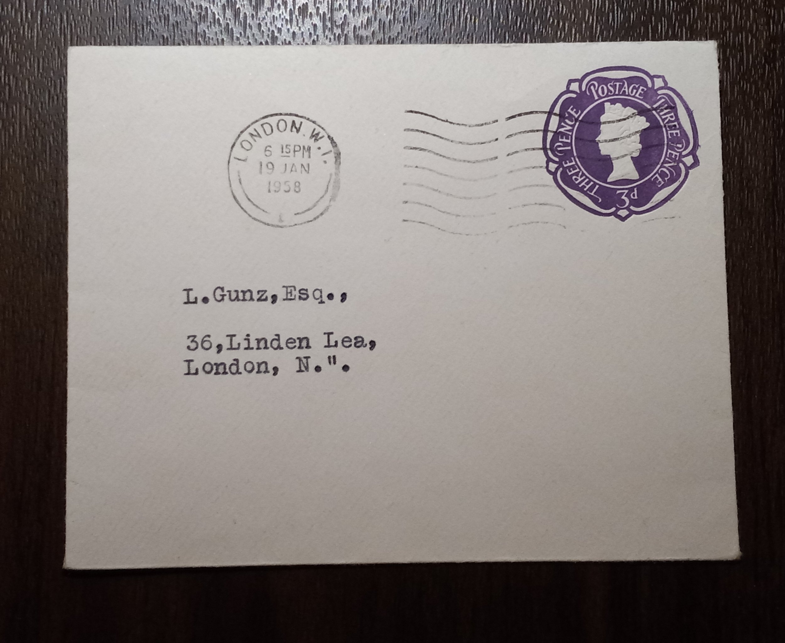 GB 1958 QEII 3d Stamped Envolope London W.I. to London N2 Deep Purple ...