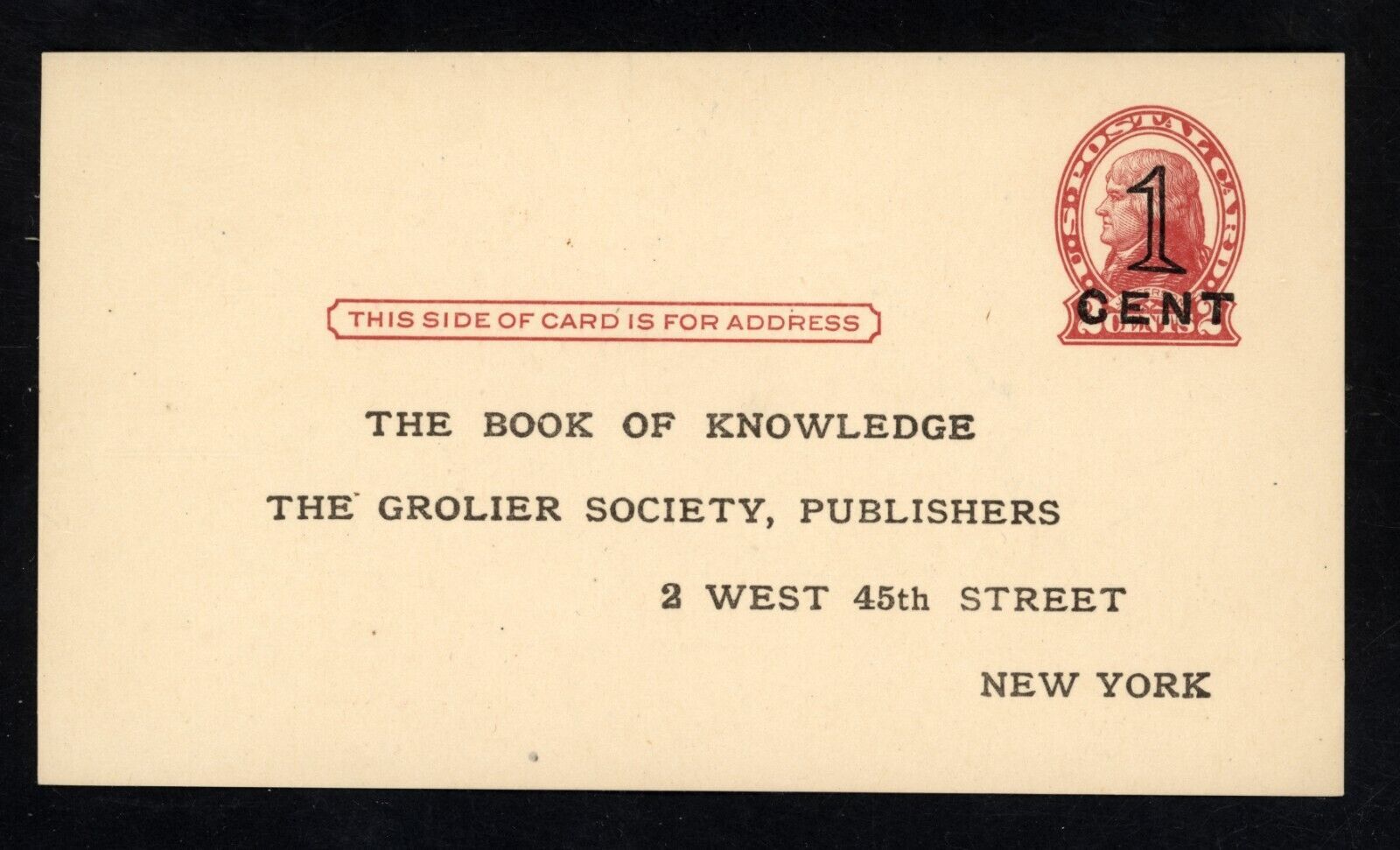 Scott Ux35 1920 1 Cent on 2 Cent Ovpt Jefferson Entire MNH Preprinted ...