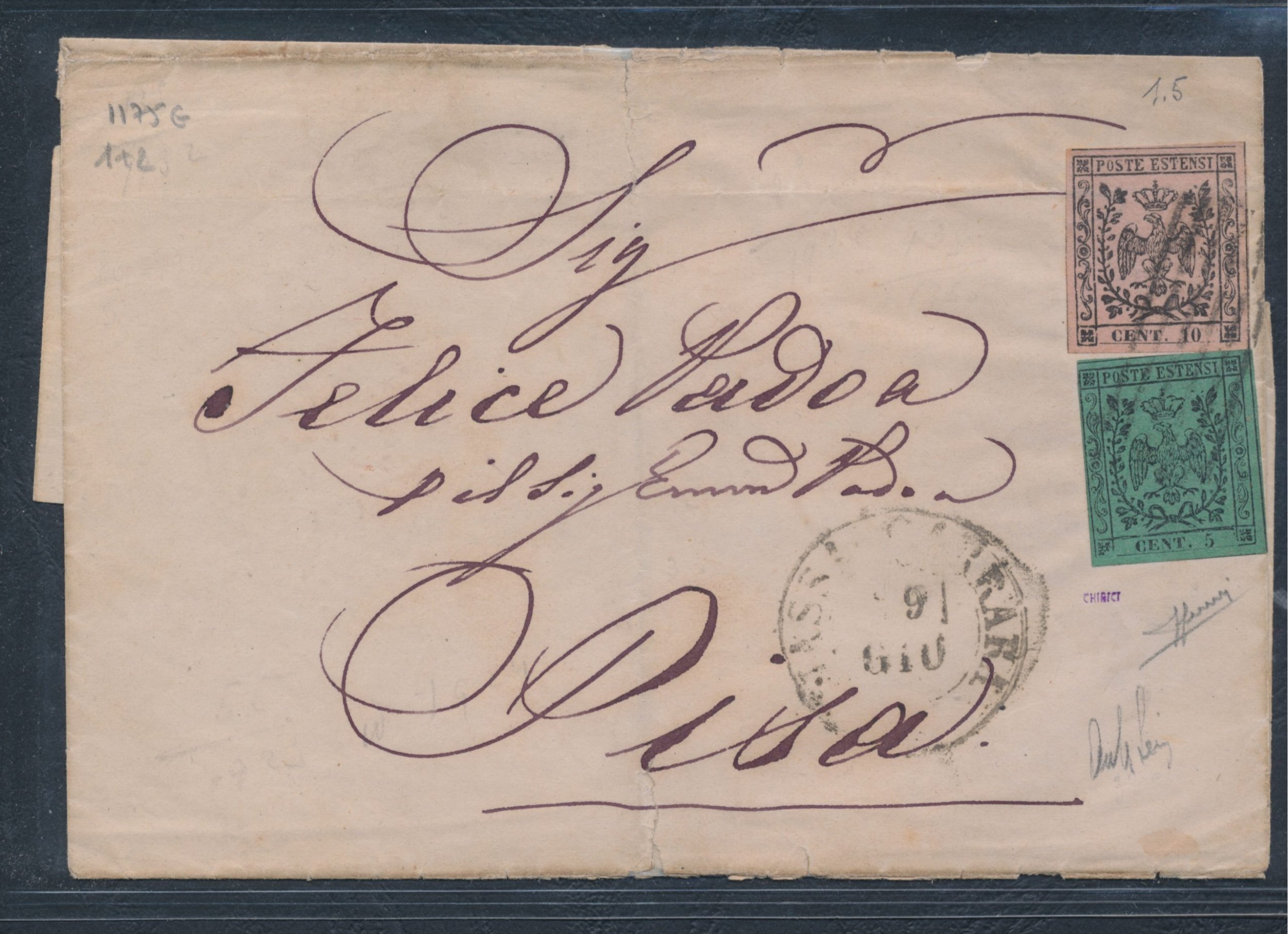 1852 MODENA, n . 1 and 2 on Cover for Pisa, good / excellent margins ...
