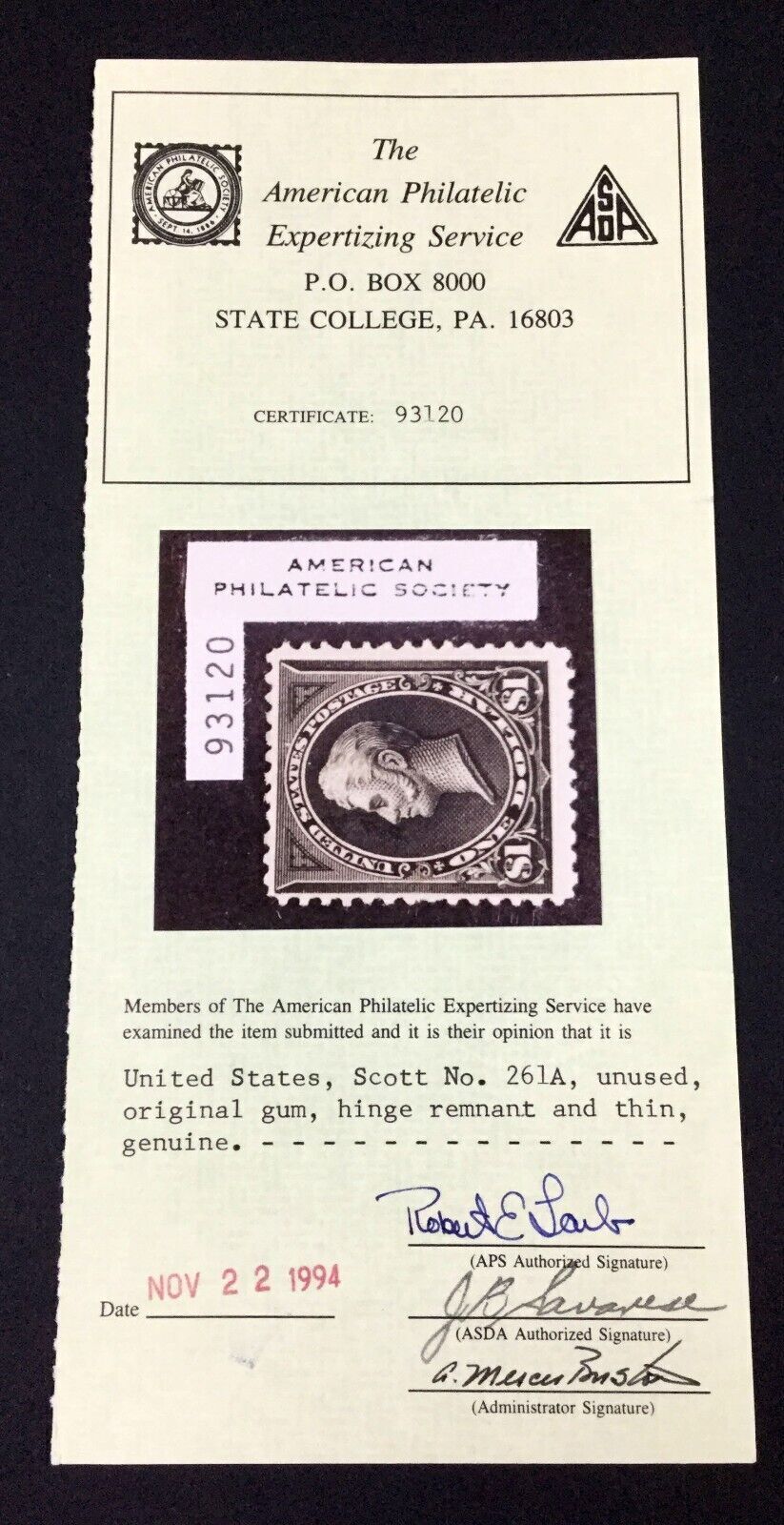 US Stamps #261A Mint OG H **Aps Cert** CAT. $2,100 LOT #84023 | United ...