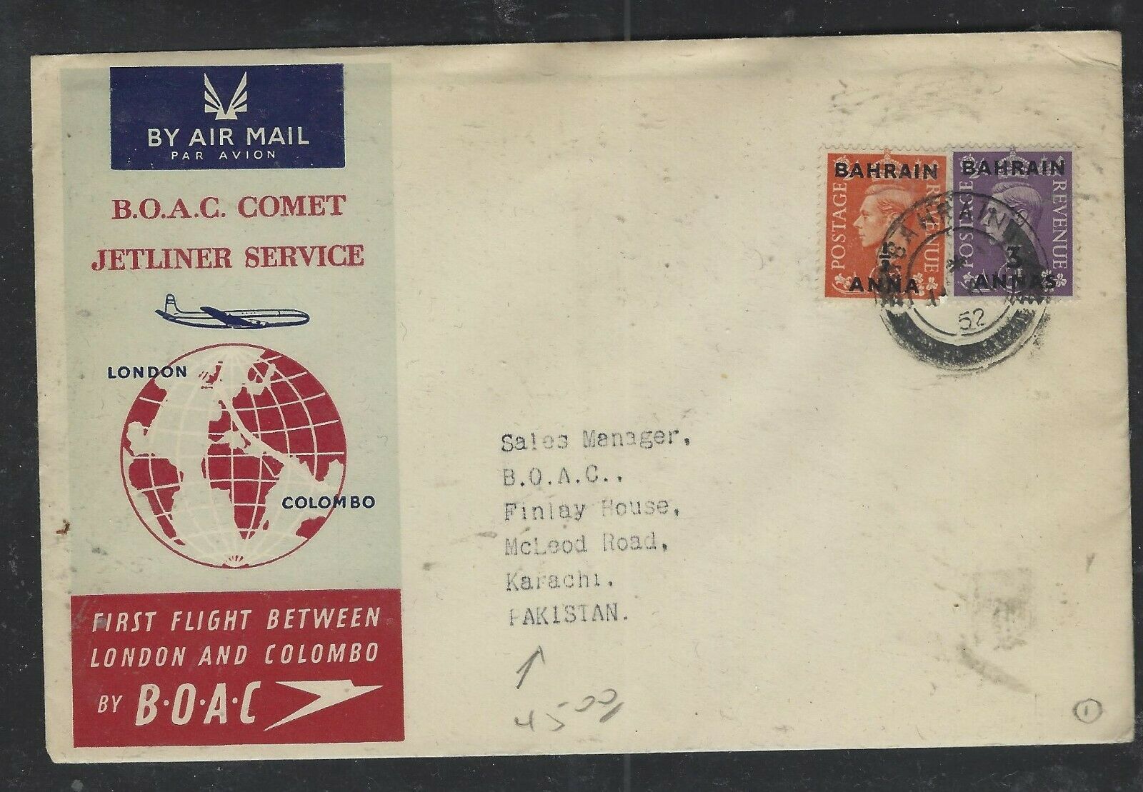 BAHRAIN COVER (PP1003BB)1952 FF COVER 3A+1/2A CACHETED FFC COVER TO ...