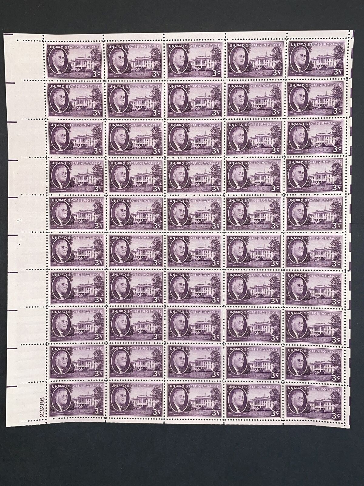 1945 sheet of postage stamps, 3-cent Roosevelt, Sc# 932 | United States ...