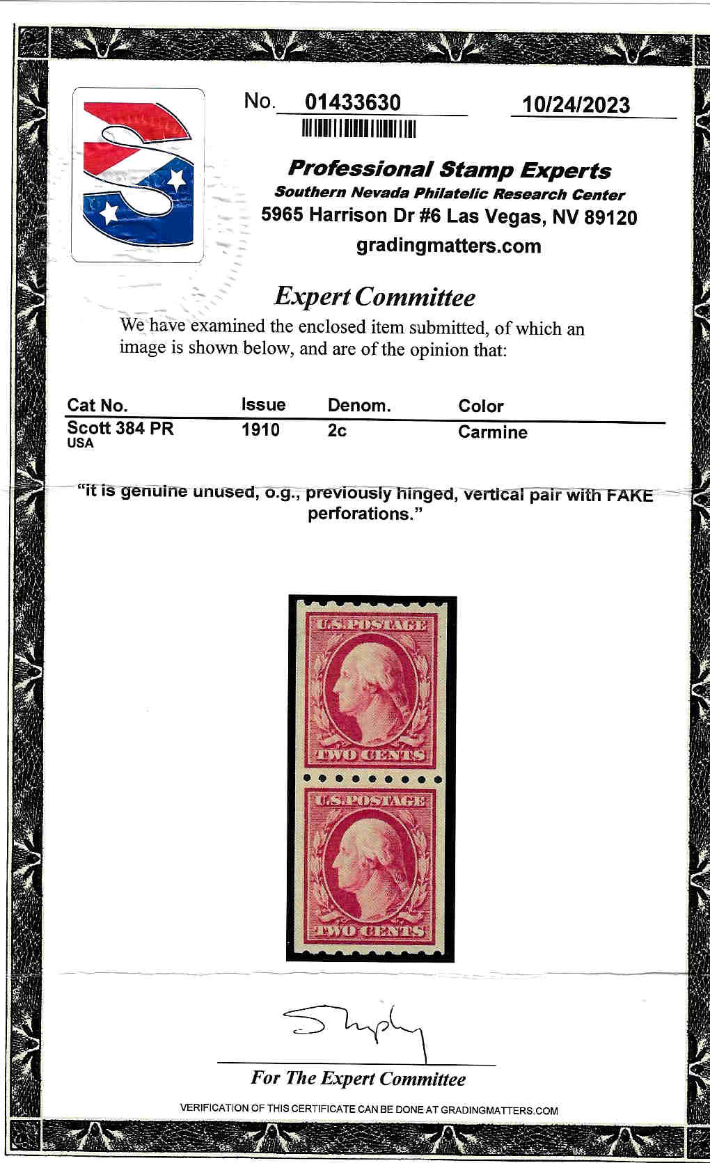384 Mint,OG,XXXLH... Pair... PSE Certificate... SCV $14.00... XF ...