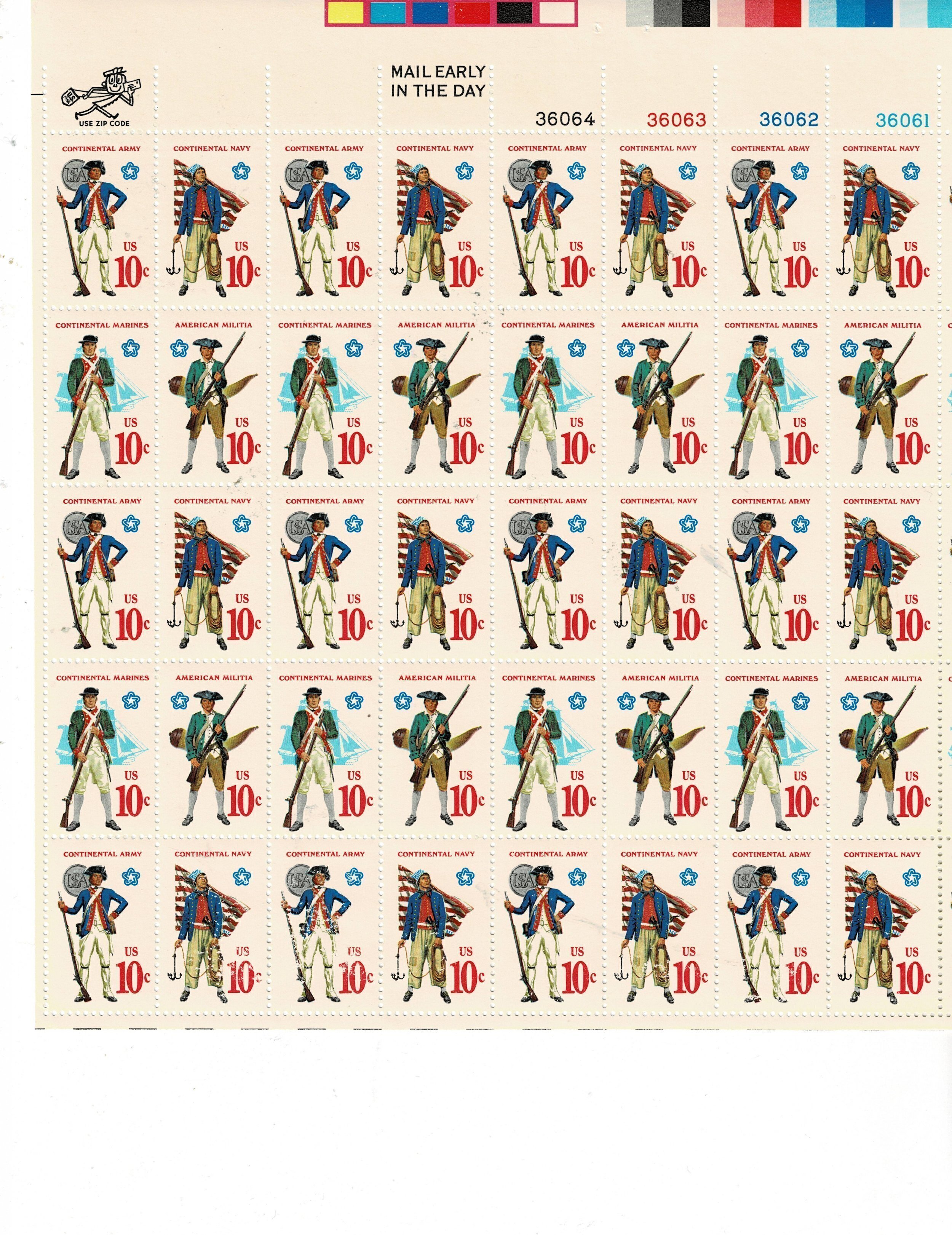 Continental Militia, Marines, Army, Navy 10c US Postage Sheet #1565=68 ...