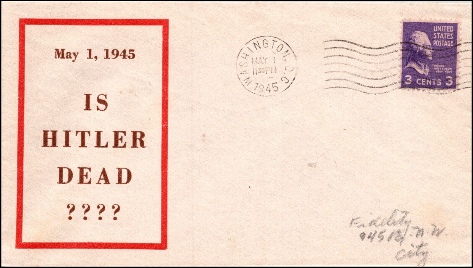 1 May 1945 WWII Patriotic Cover Is Hitler Dead ???? Fidelity Sherman ...