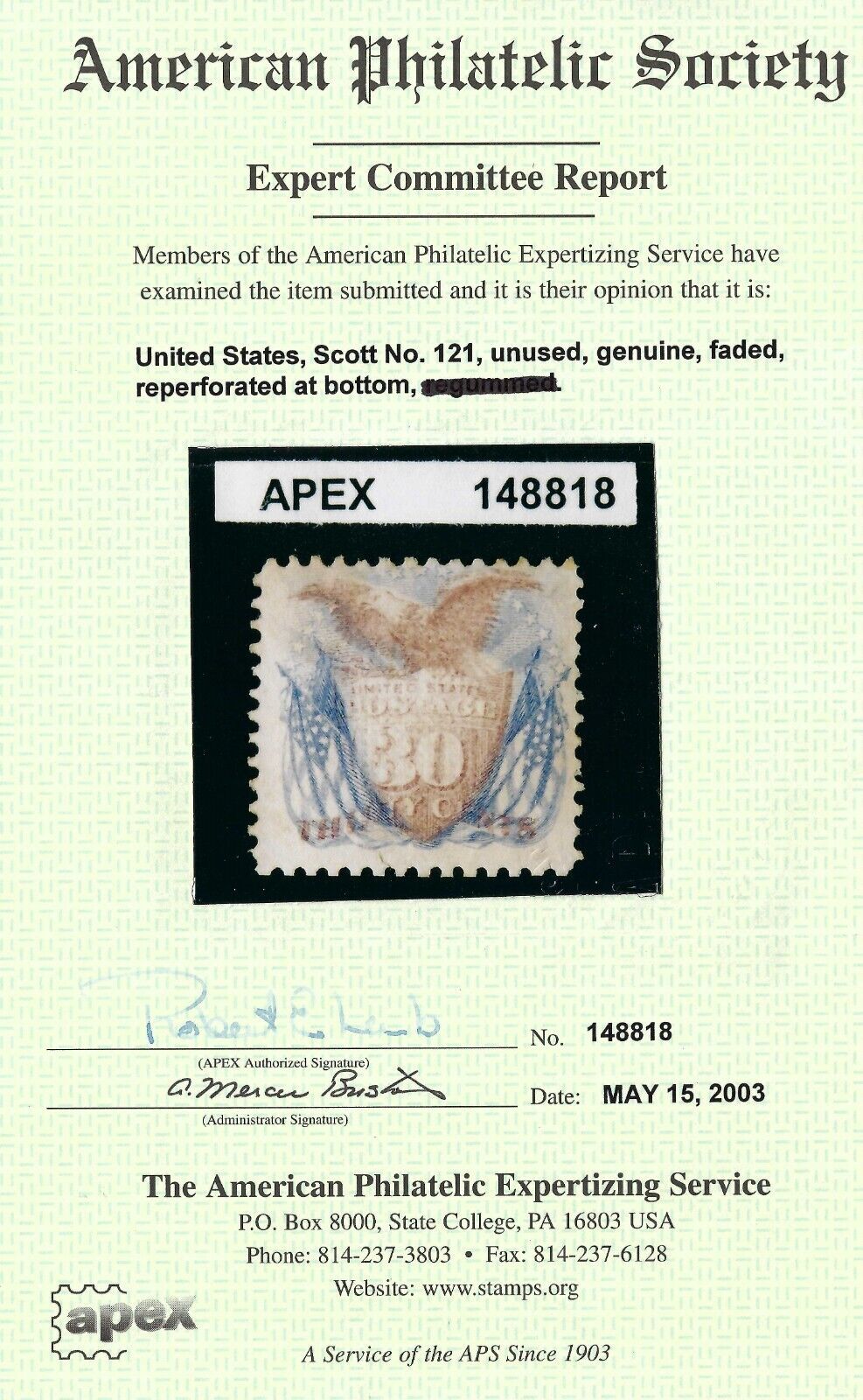 *121 Very Fine With APS Certificate, Scott $1450 | United States ...